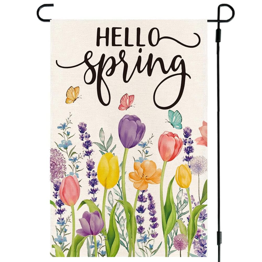 Hello Spring Tulip Garden Flag for Outside Double Sided Farmhouse ...