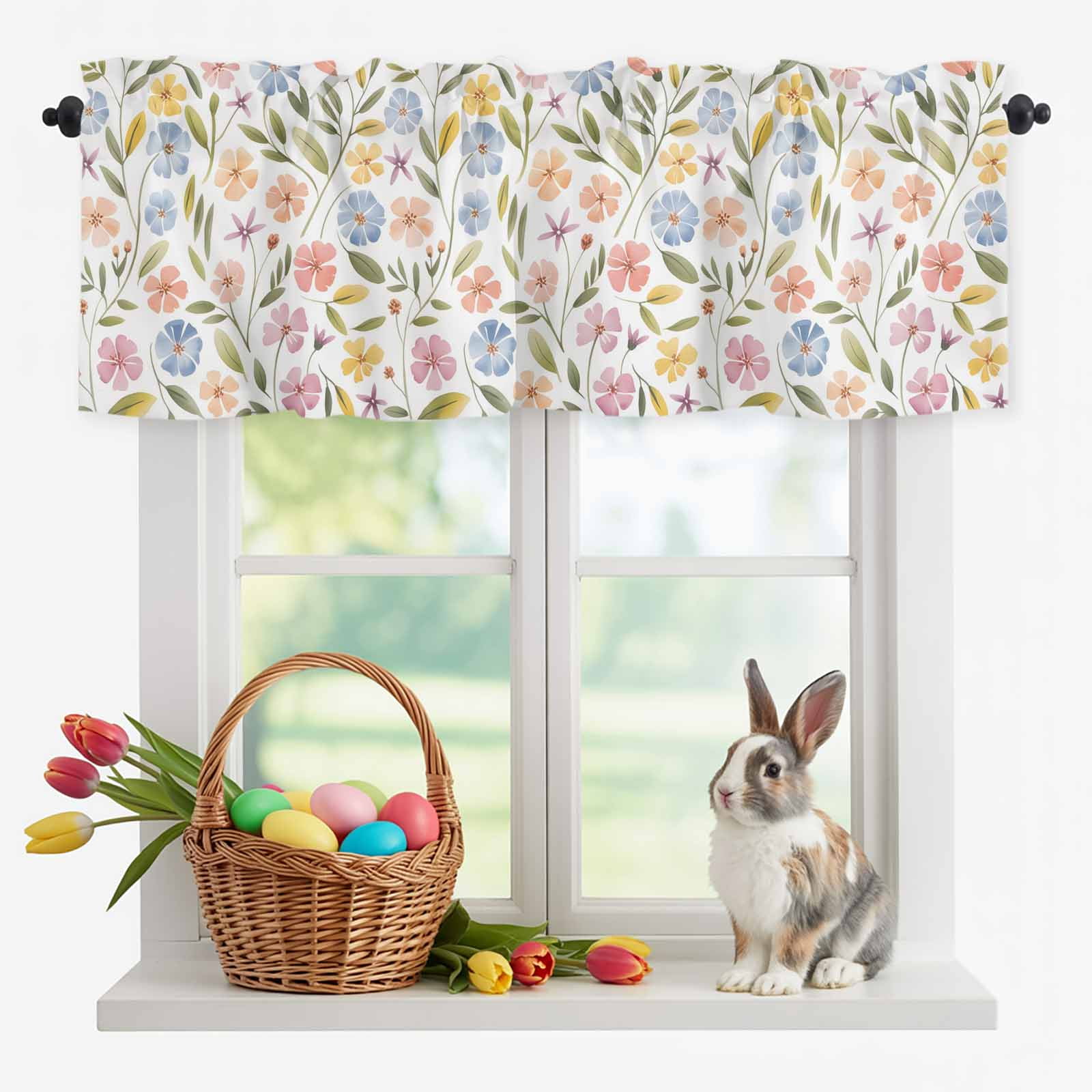 Hello Spring Valances for Windows, Spring Blue Pink Orange Wildflowers ...