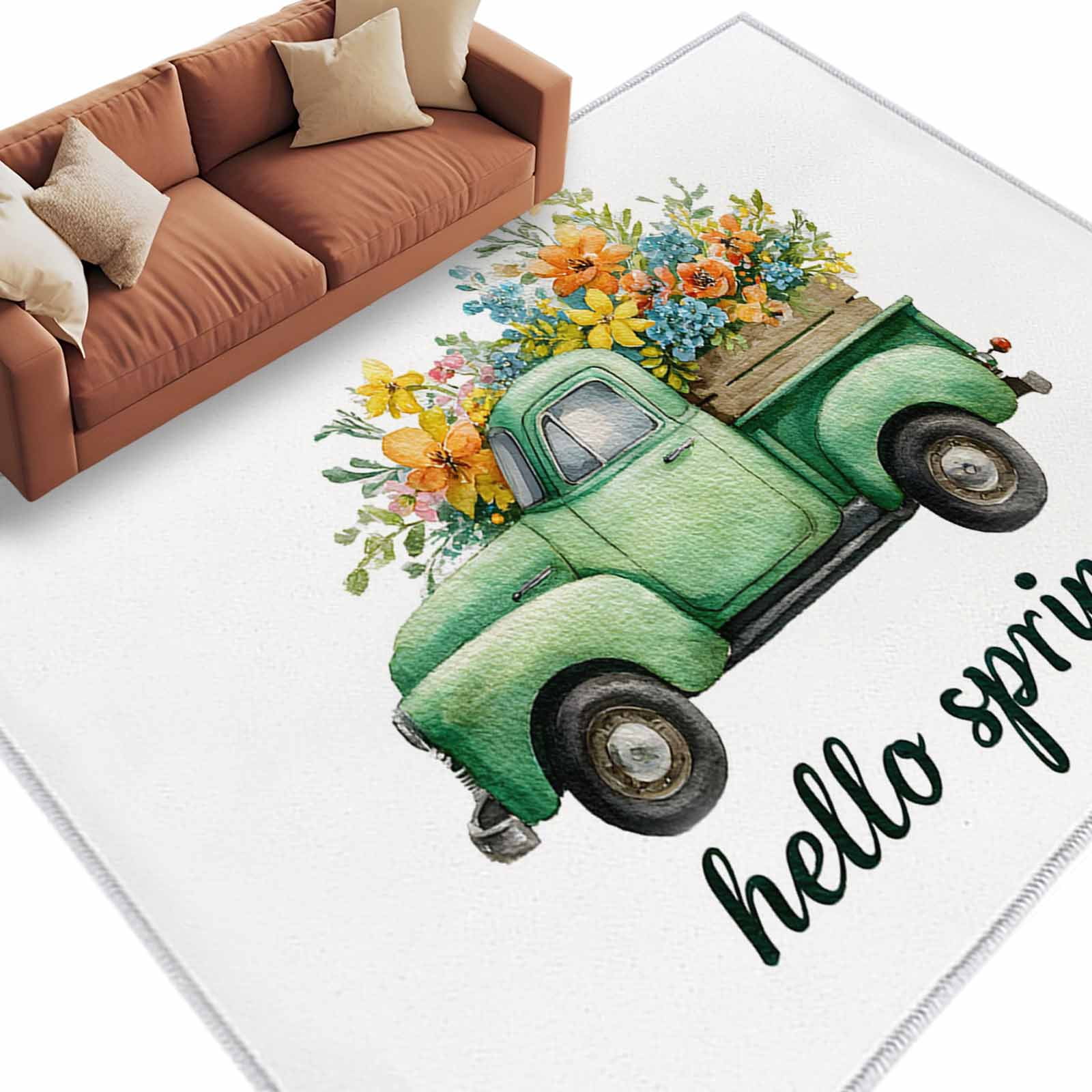 Hello Spring Washable Area Rug 5 x 8 ft Easter Watercolor Truck ...