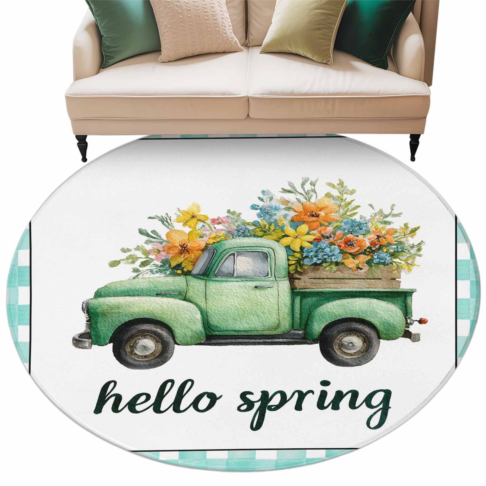 Hello Spring Washable Round Area Rug 7 ft, Easter Watercolor Truck ...