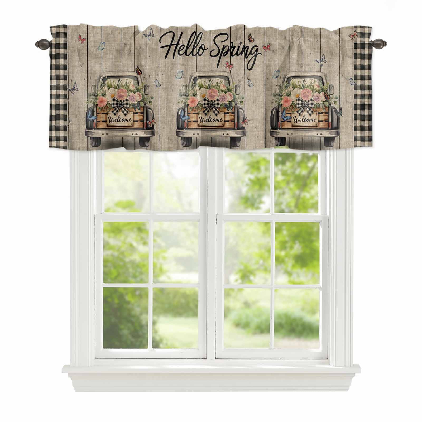 Hello Spring Window Valance for Kitchen, Retro Struck White Pink Flower ...