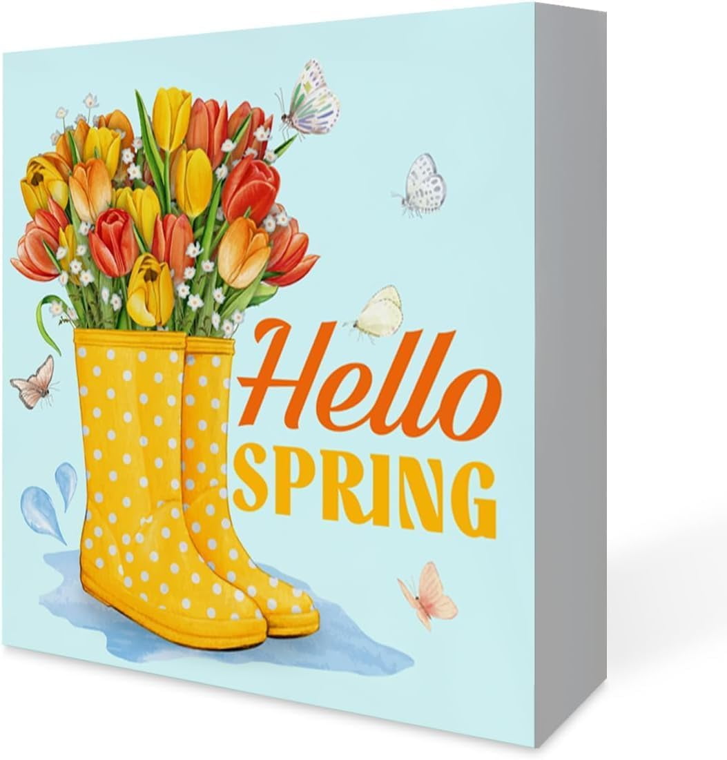 Hello Spring Wooden Box Sign Spring Decor Rain Boots Sign Tulips Sign ...