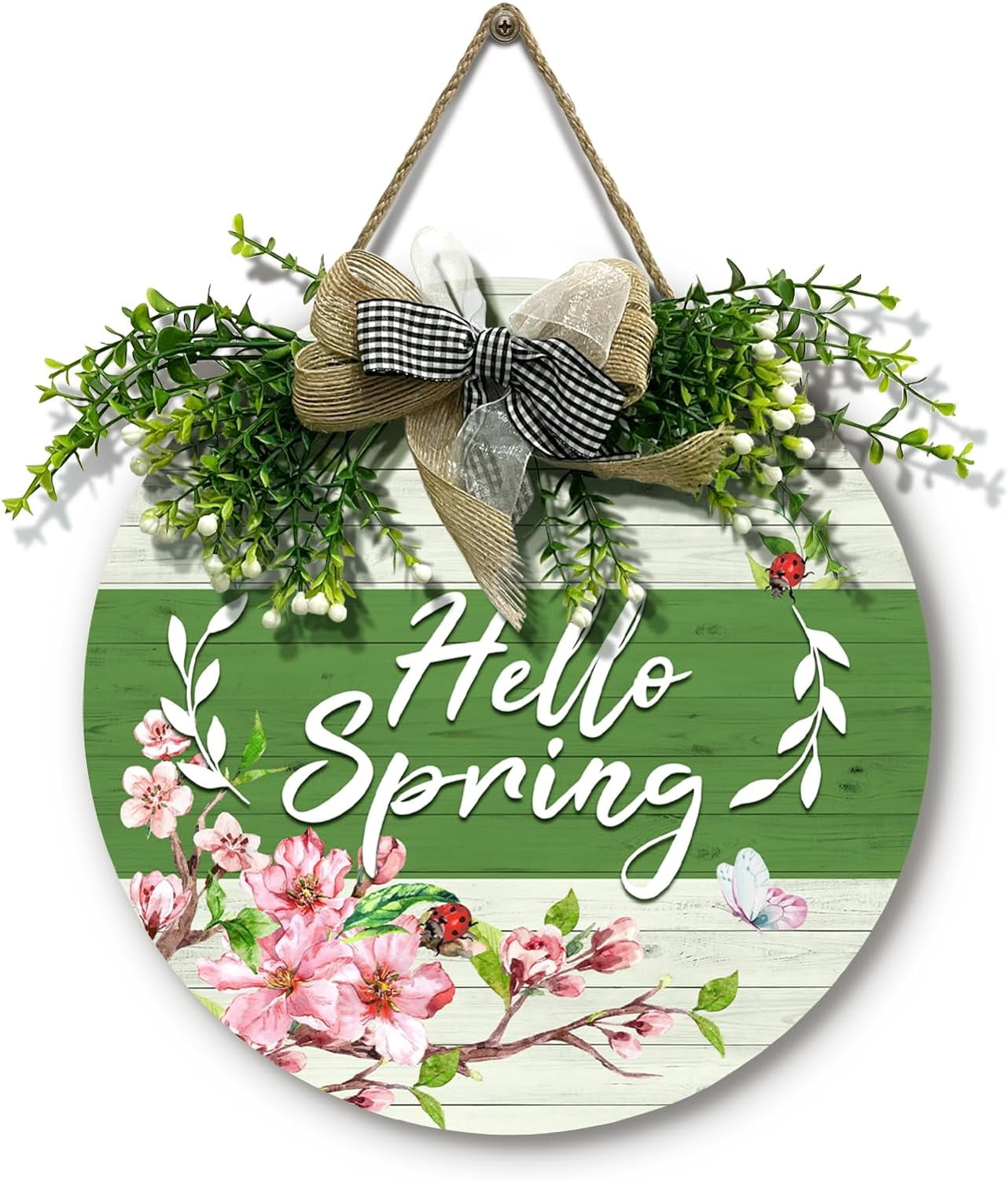 Hello Spring Wooden Hanging Sign Flowers Butterfly Welcome Sign Front ...