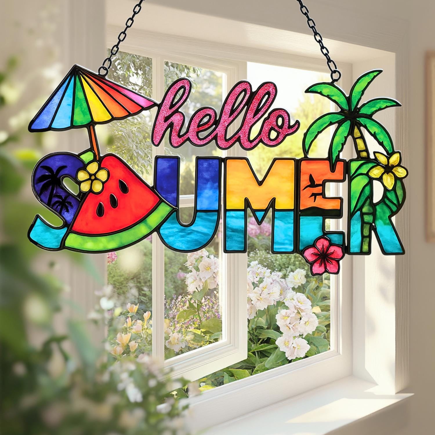 Hello Summer Acrylic Suncatcher Faux Stained Acrylic Window Hanging ...