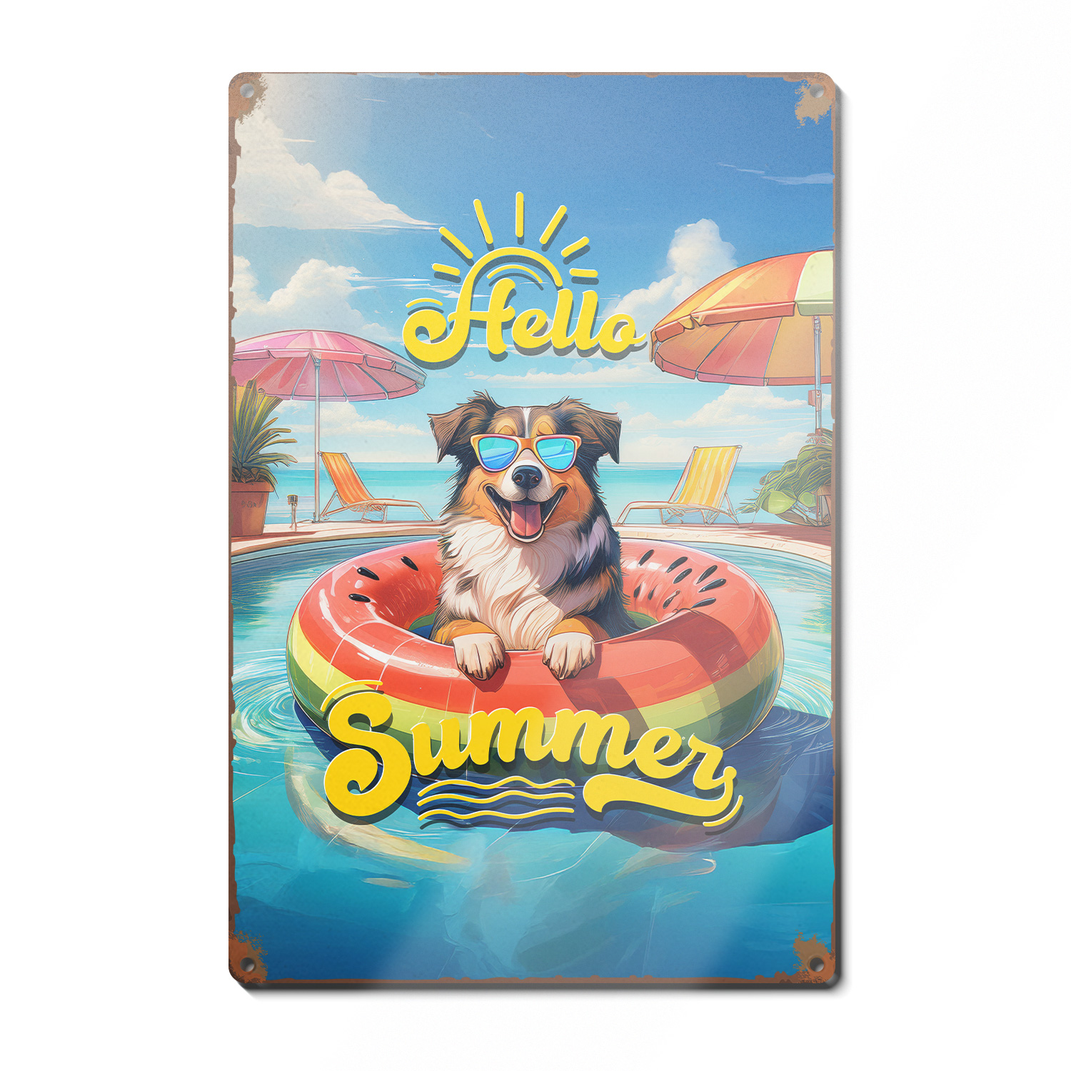Hello Summer Australian Shepherd Pool Day on Watermelon Float Vertical ...