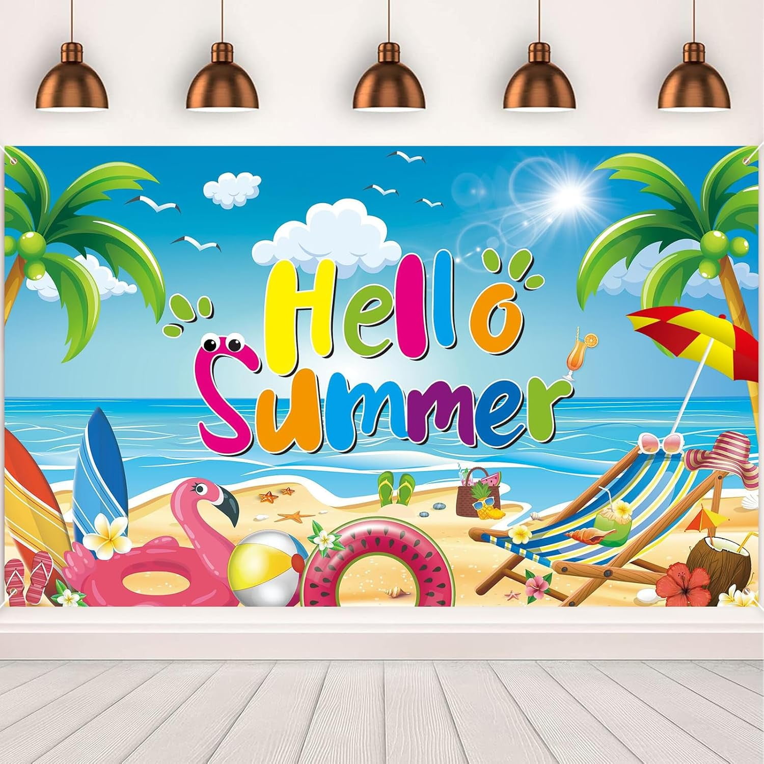 Hello Summer Backdrop, Summer Beach Party Backdrop Colorful Summer ...