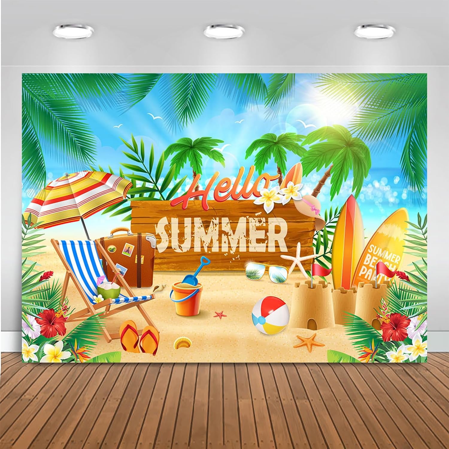 Hello Summer Backdrop Beach Surf Board Party Decorations Hawaiian ...