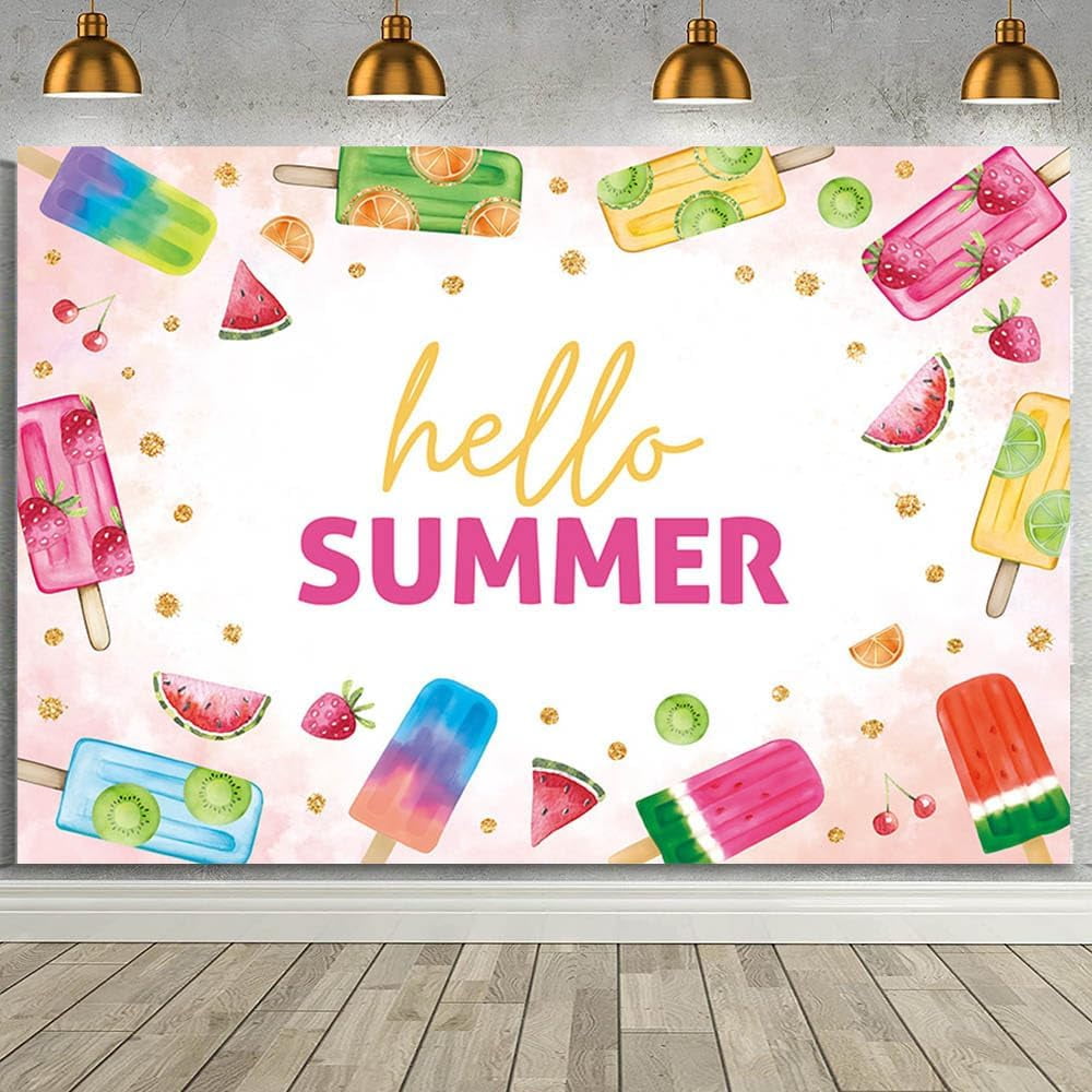 Hello Summer Backdrop Summer Hawaiian Ice Cream Decorations Banner ...