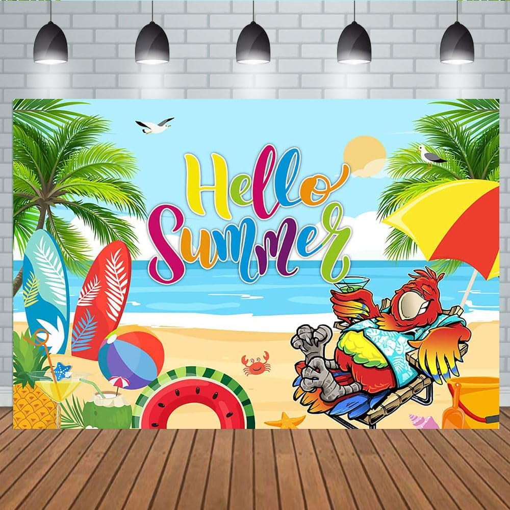 Hello Summer Backdrop Hawaiian Pool Beach Party Background Bird Coconut ...