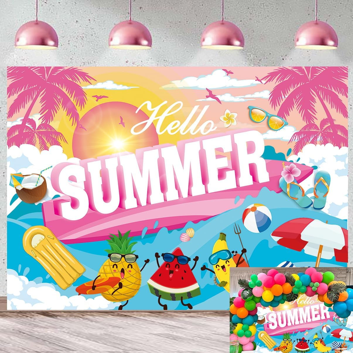 Hello Summer Banner Backdrop Summer Hawaiian Beach Pool Party ...