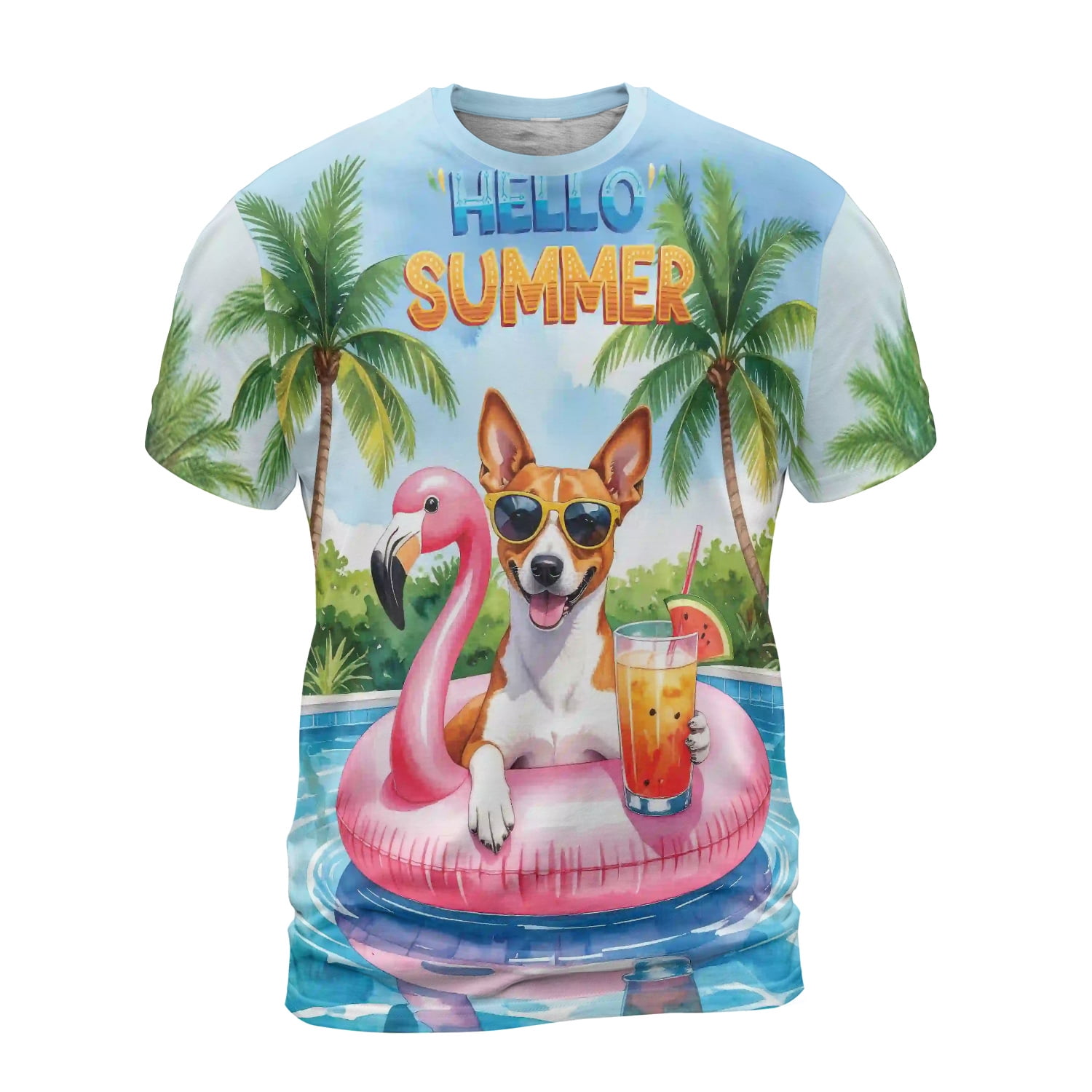 Hello Summer Basenji at Swimming Pool Flamingo Swim Ring All Over Print ...