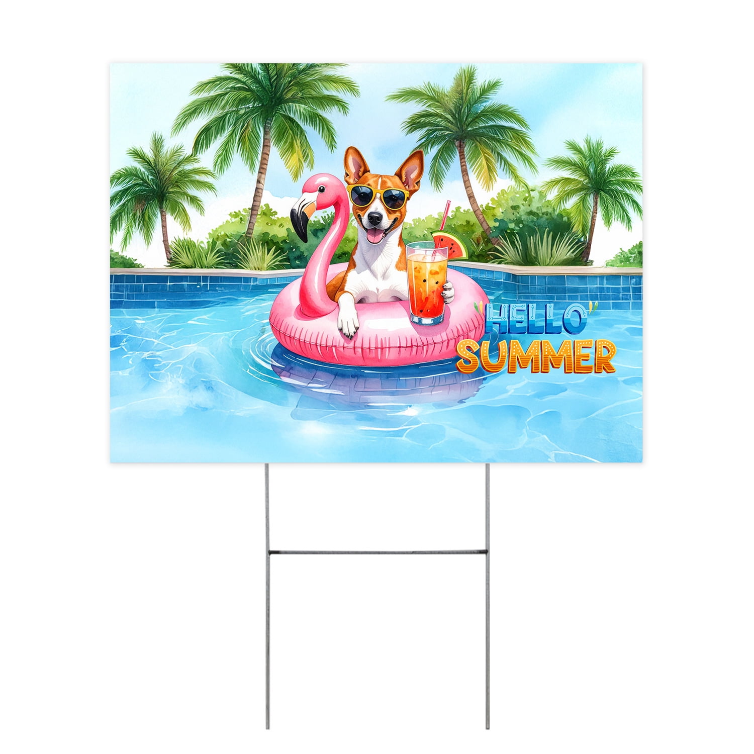 Hello Summer Basenji at Swimming Pool Flamingo Swim Ring Yard Sign ...