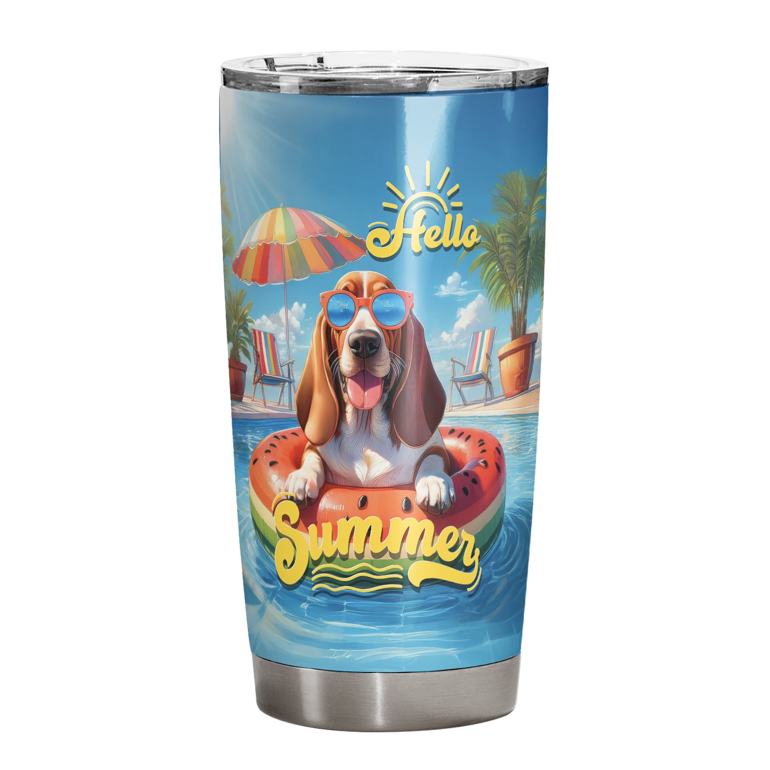 Hello Summer Basset Hound Pool Day on Watermelon Float 20oz Stainless ...