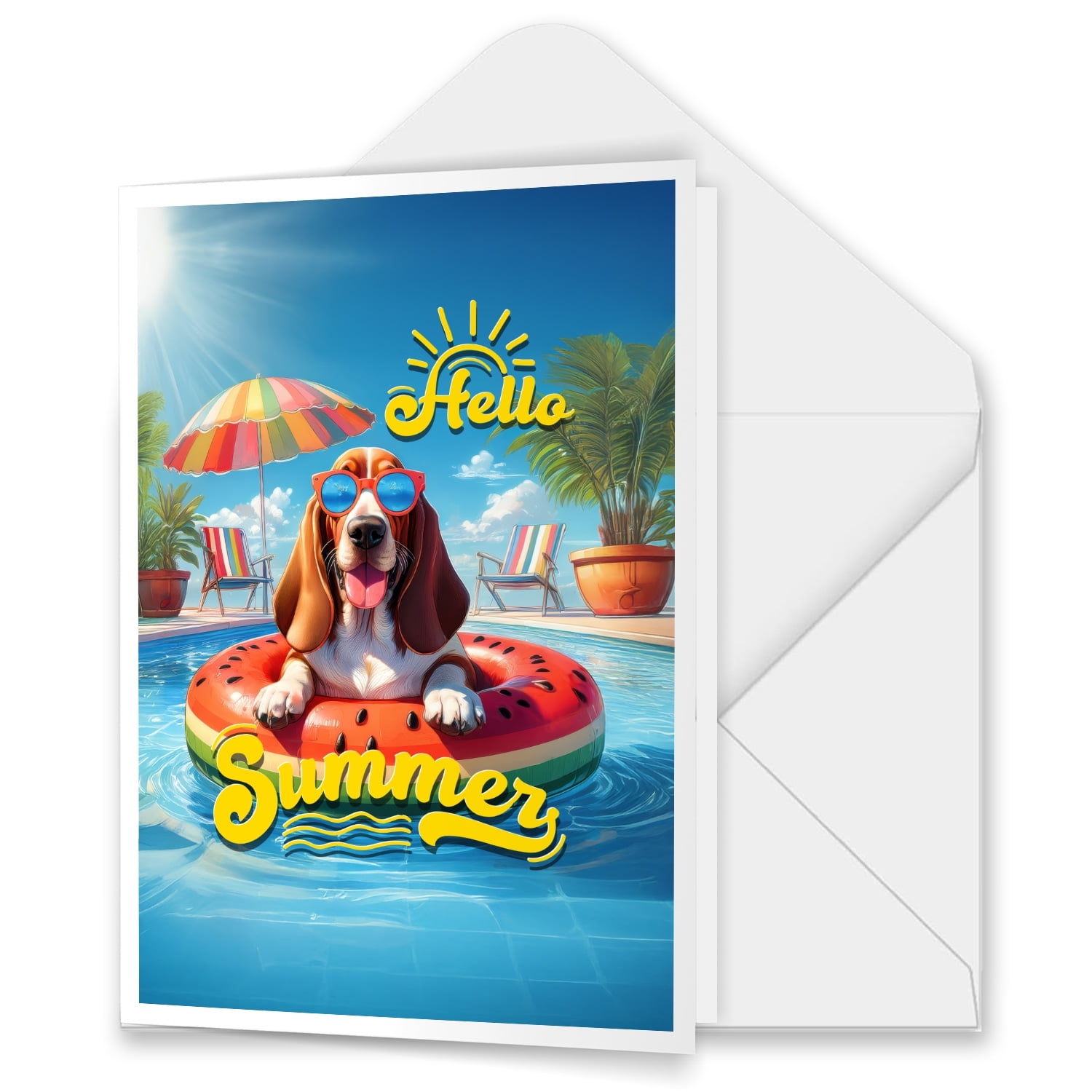 Hello Summer Basset Hound Pool Day on Watermelon Float 5x7in Folded ...