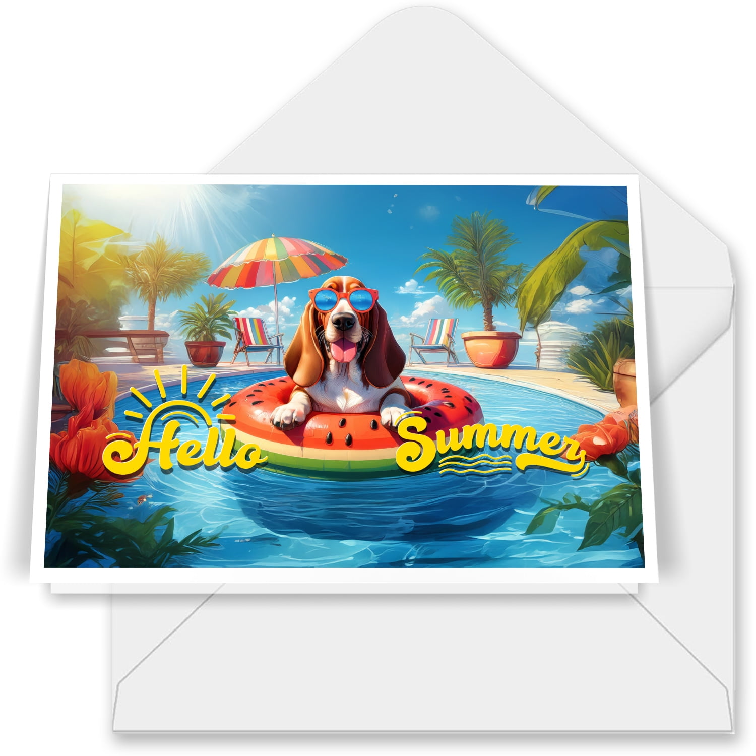 Hello Summer Basset Hound Pool Day on Watermelon Float 7x5in Folded ...