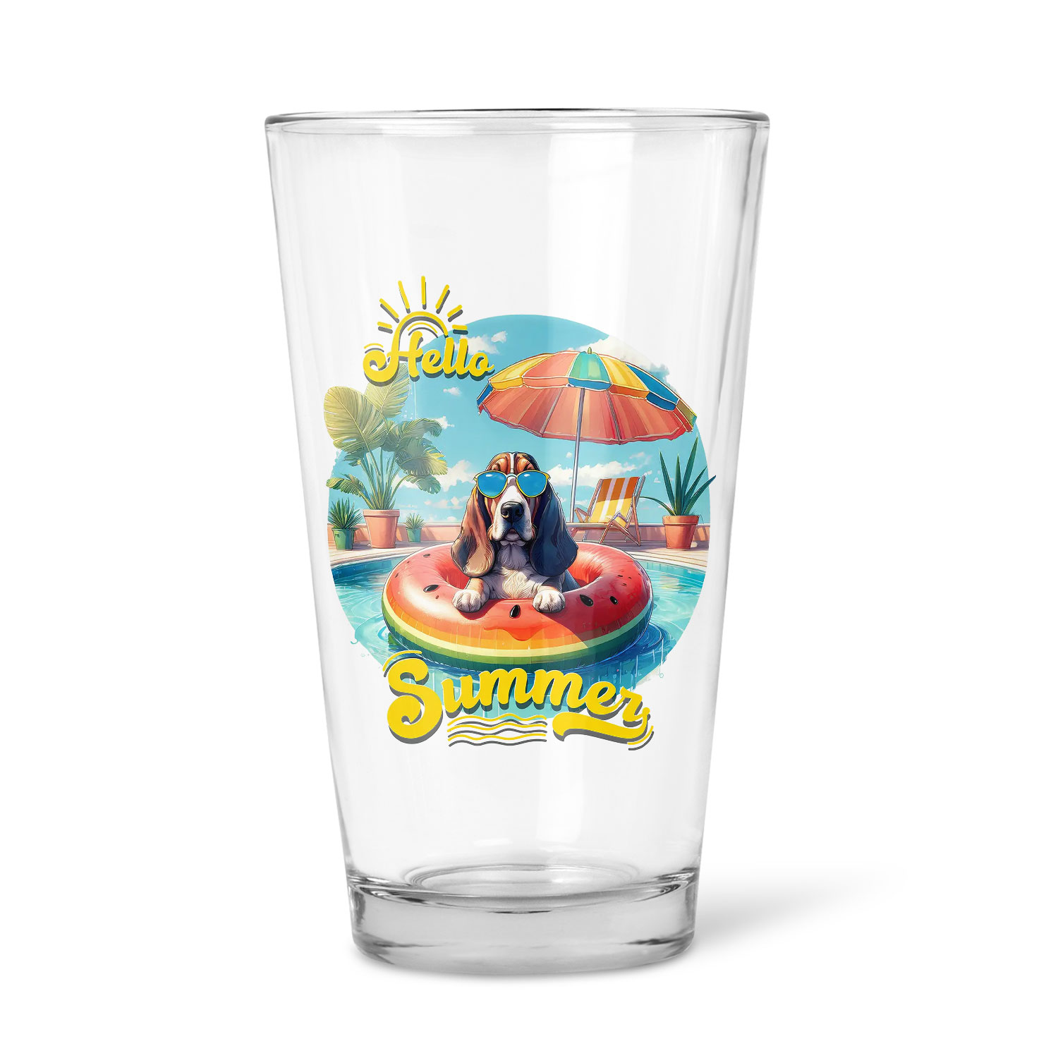 Hello Summer Basset Hound Pool Day on Watermelon Float 16oz Pint Beer ...
