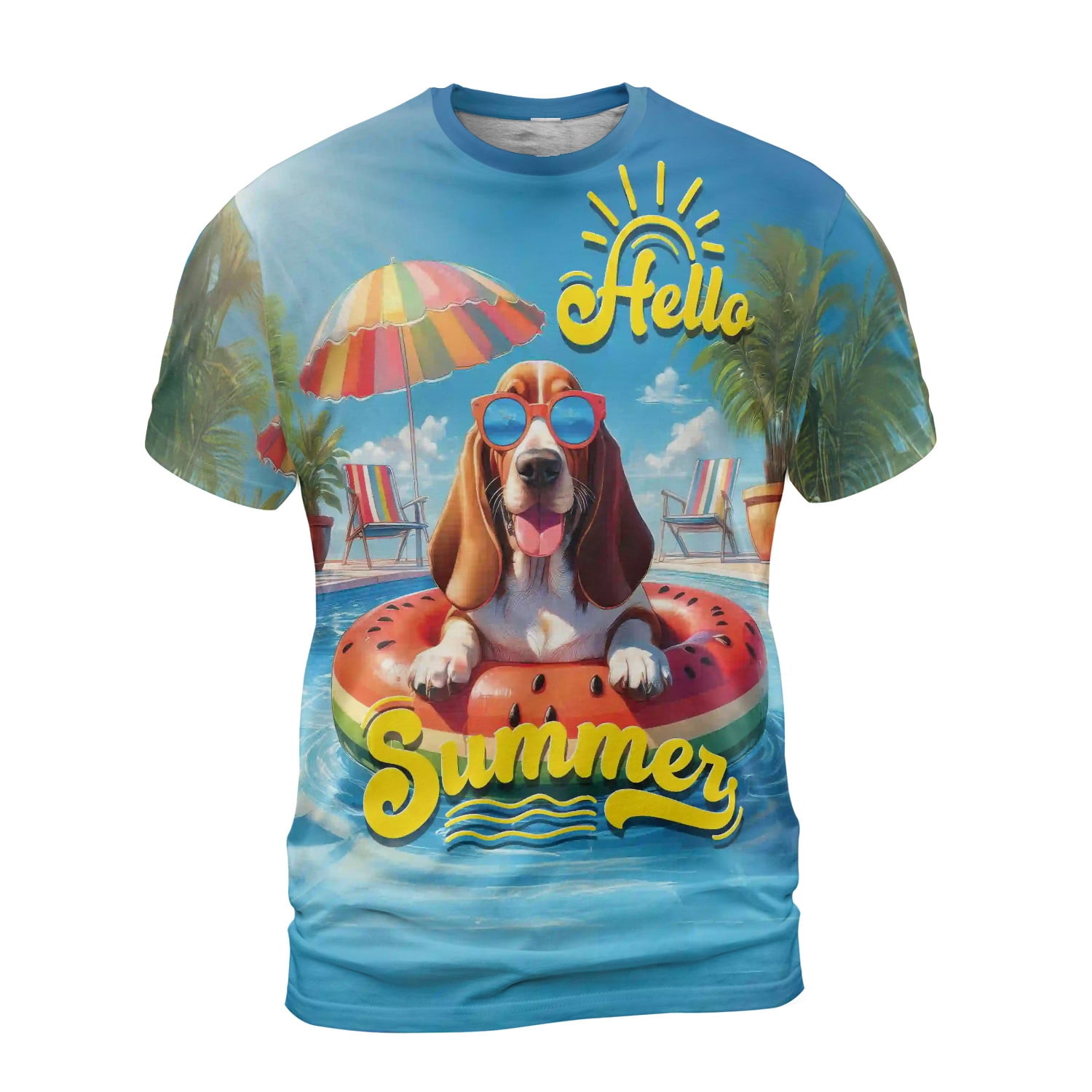 Hello Summer Basset Hound Pool Day on Watermelon Float All Over Print ...