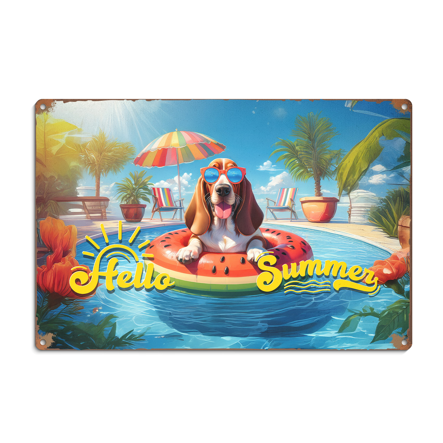 Hello Summer Basset Hound Pool Day on Watermelon Float Horizontal Metal ...