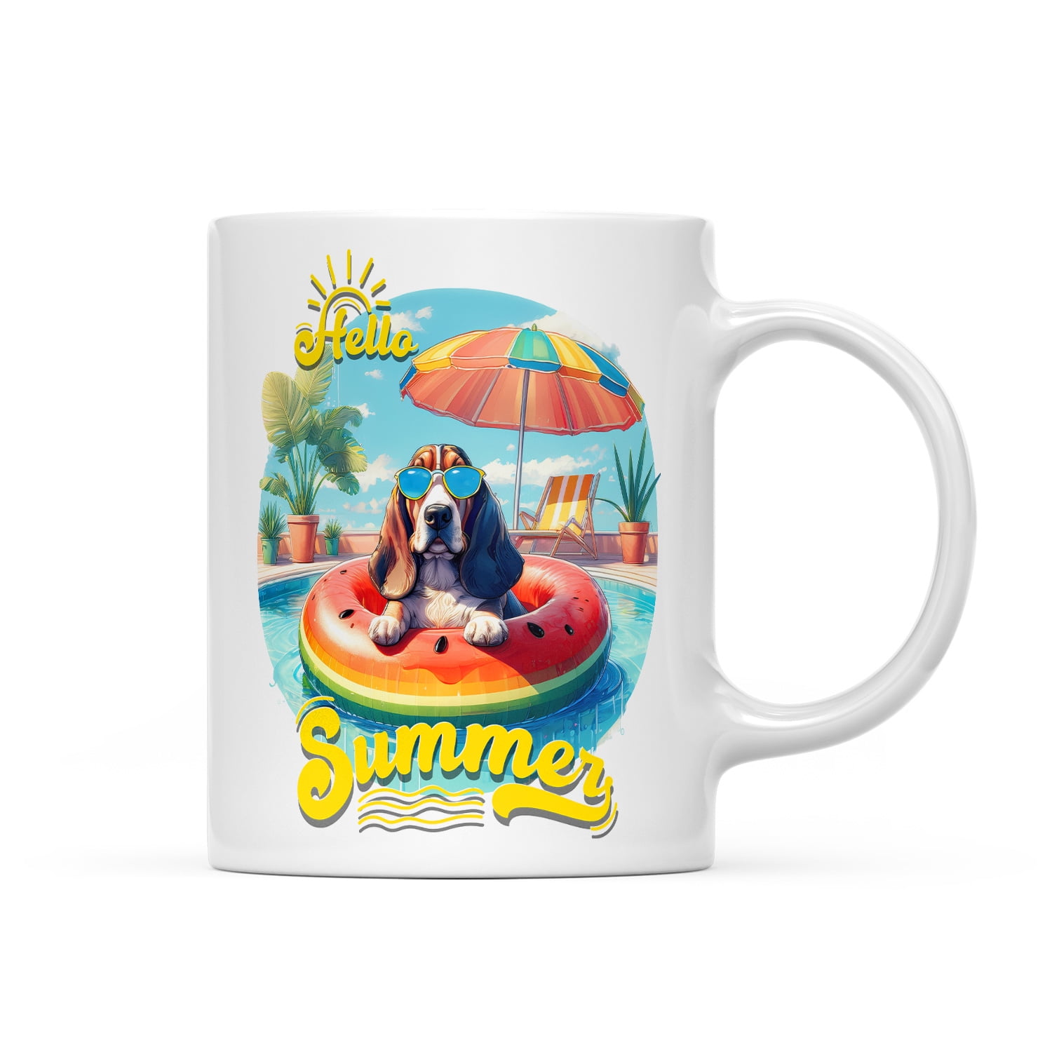 Hello Summer Basset Hound Pool Day on Watermelon Float Mug Bassets Dog ...