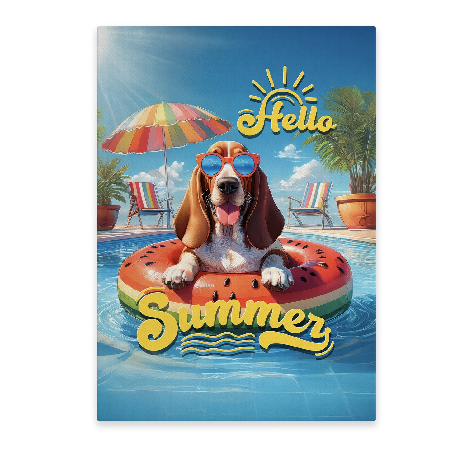 Hello Summer Basset Hound Pool Day on Watermelon Float Vertical Matte ...