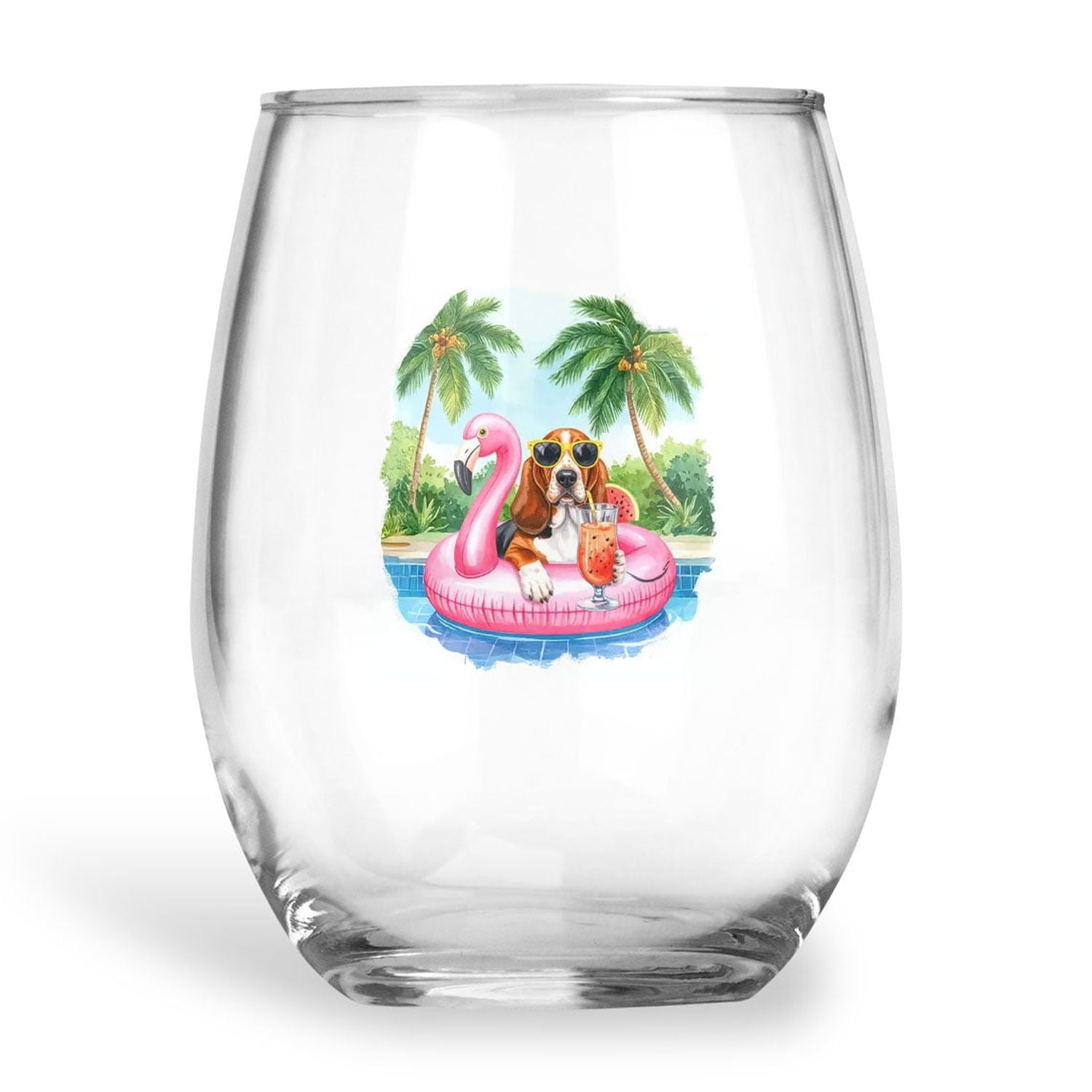 Hello Summer Basset Hound at Swimming Pool Flamingo Swim Ring 15oz ...