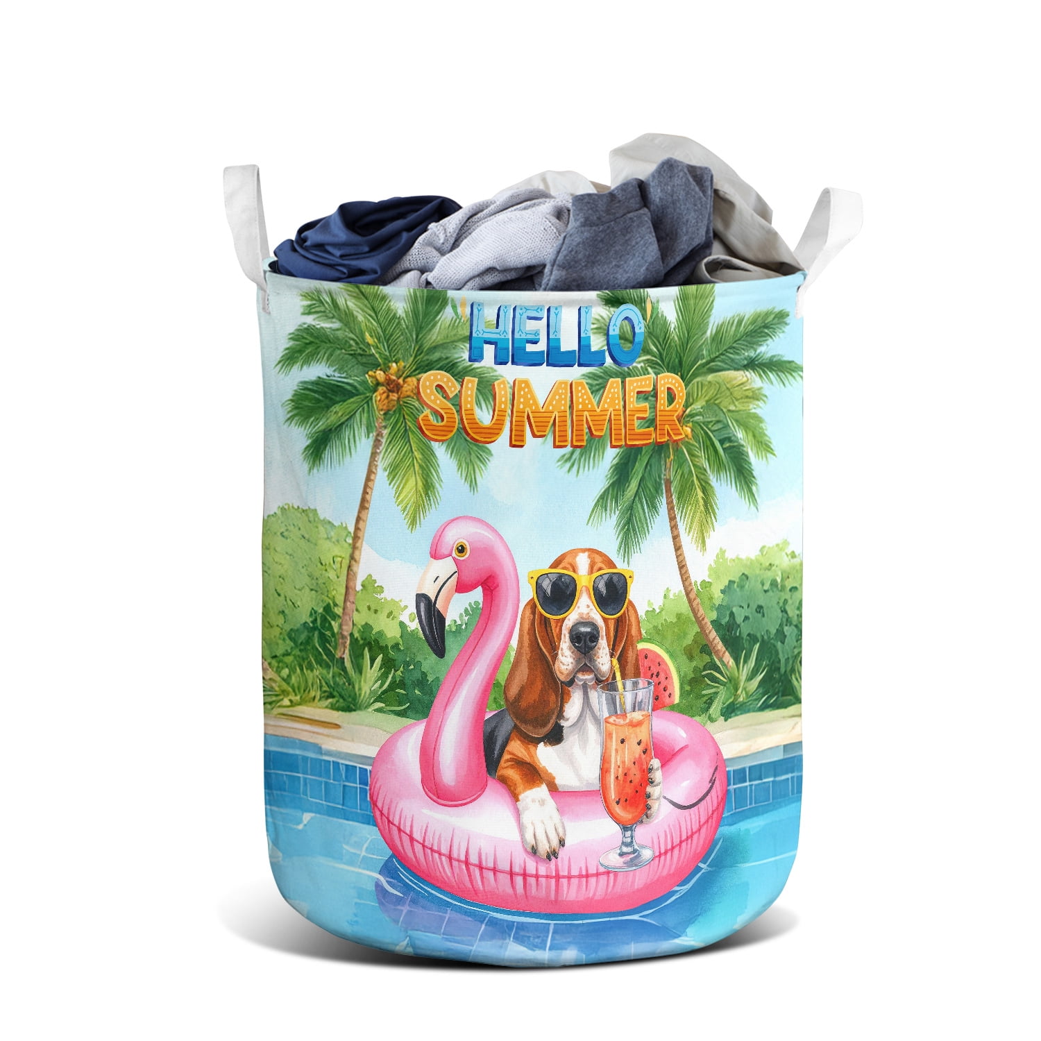 Hello Summer Basset Hound at Swimming Pool Flamingo Swim Ring Foldable ...