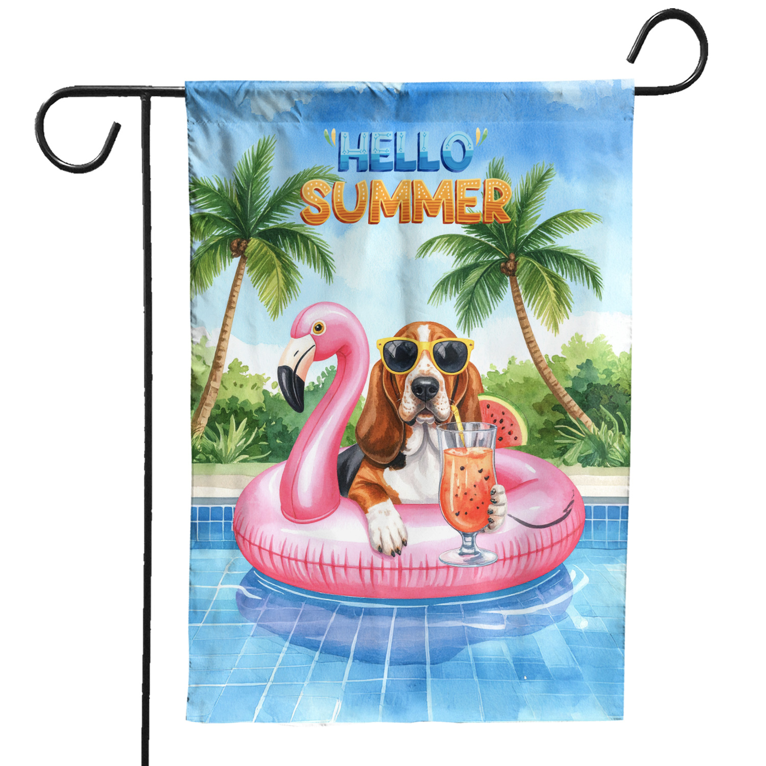 Hello Summer Basset Hound at Swimming Pool Flamingo Swim Ring Garden ...