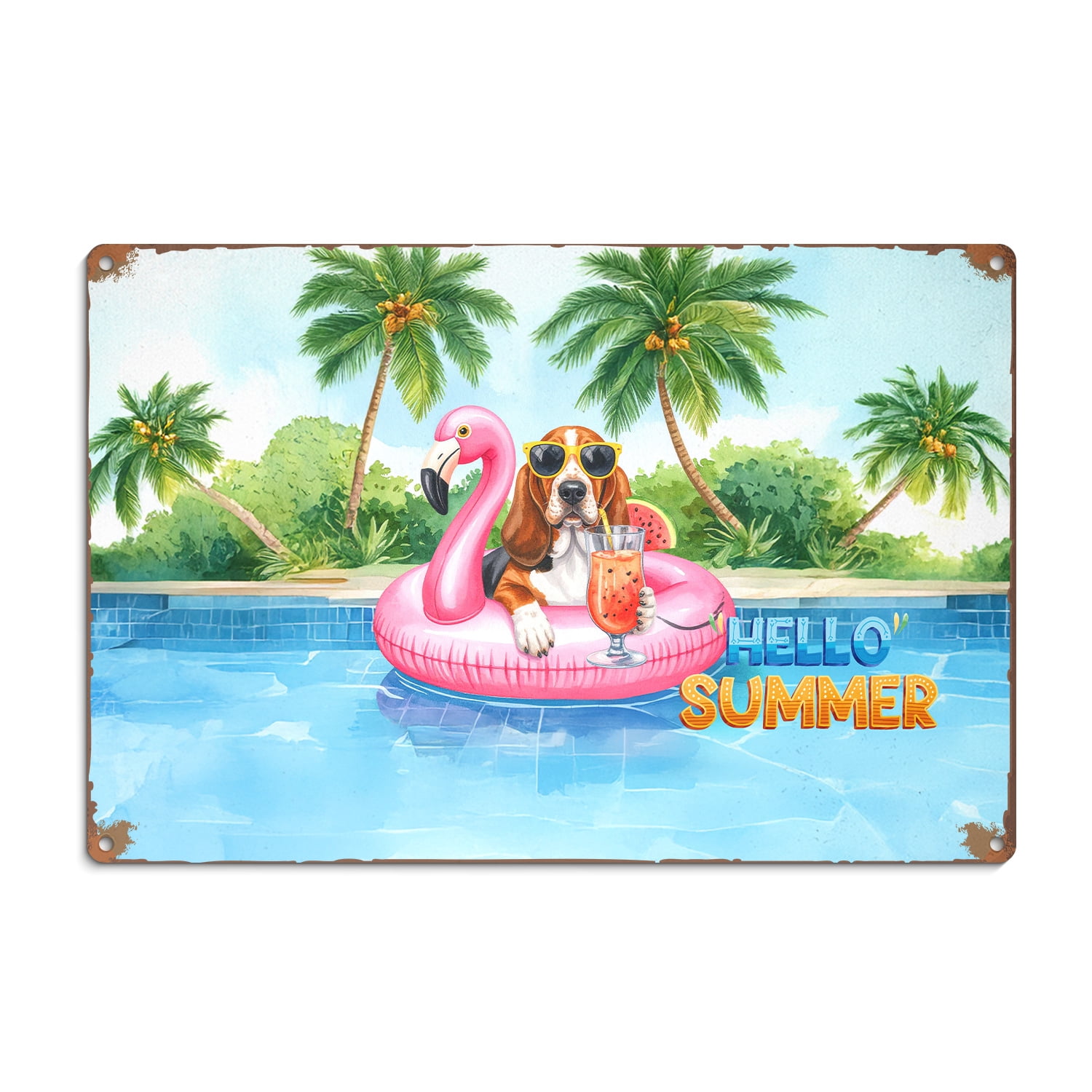 Hello Summer Basset Hound at Swimming Pool Flamingo Swim Ring ...