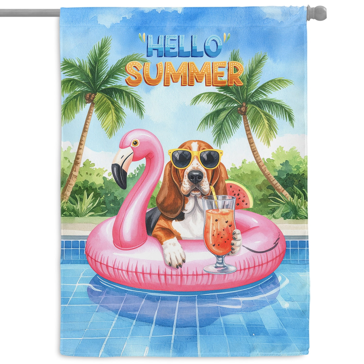 Hello Summer Basset Hound at Swimming Pool Flamingo Swim Ring House ...