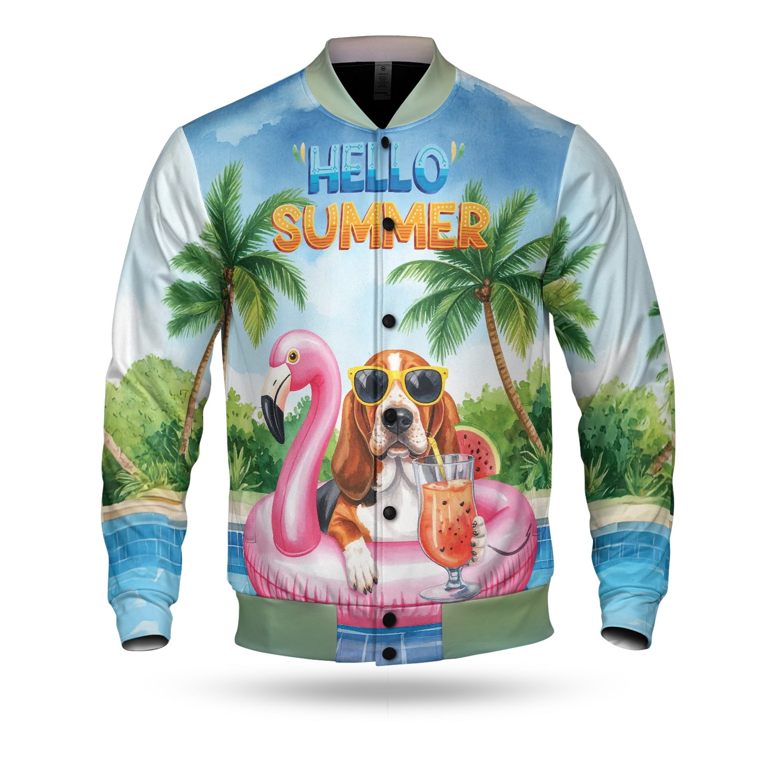 Hello Summer Basset Hound at Swimming Pool Flamingo Swim Ring All Over ...