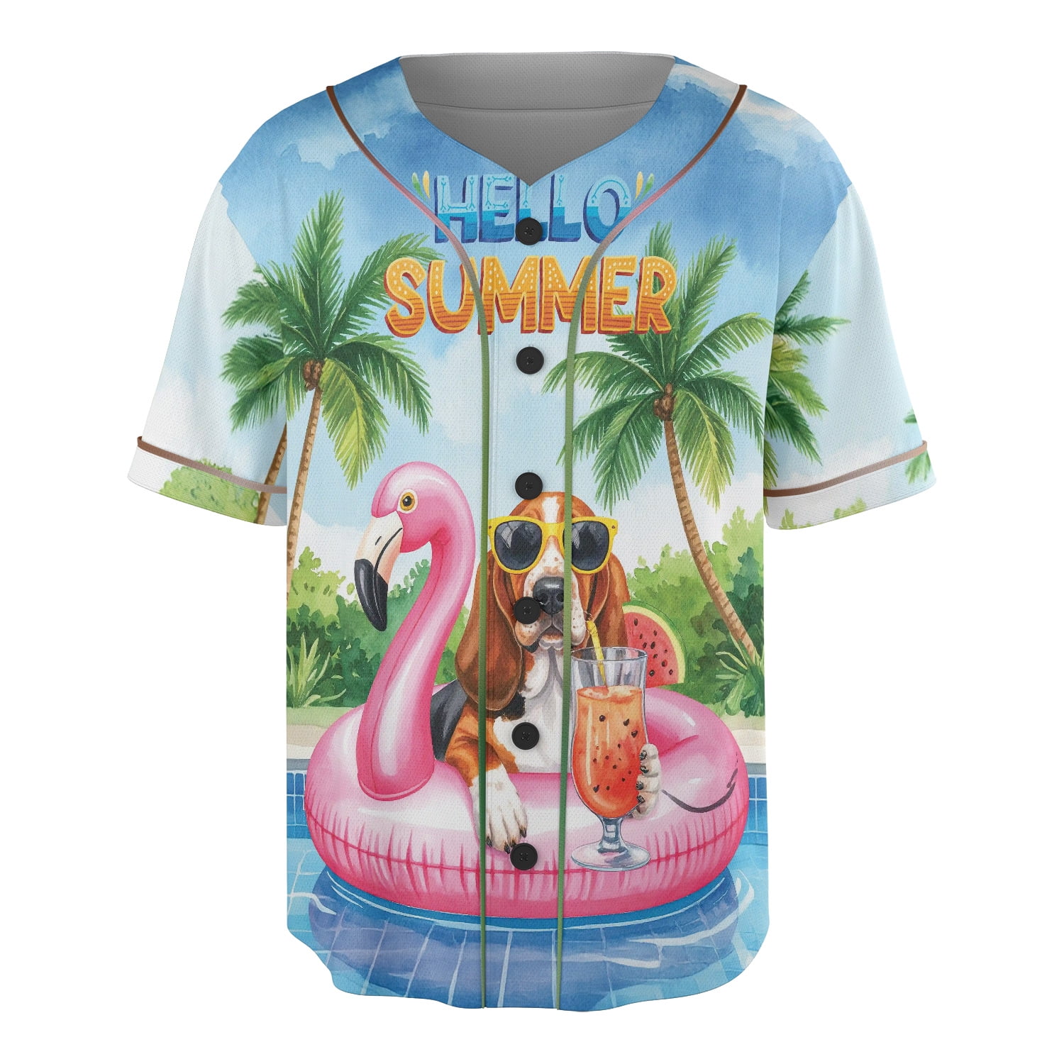 Hello Summer Basset Hound at Swimming Pool Flamingo Swim Ring All Over ...