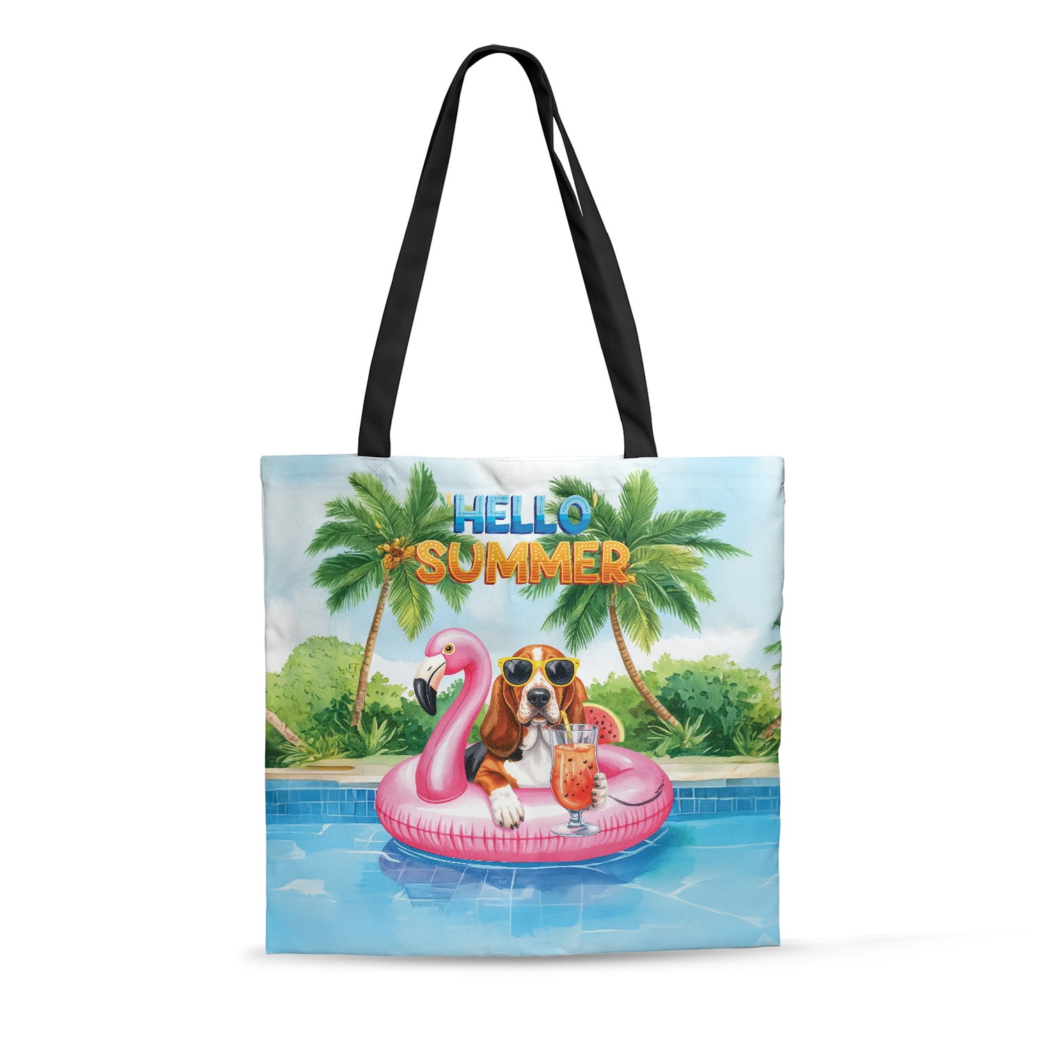 Hello Summer Basset Hound at Swimming Pool Flamingo Swim Ring All Over ...