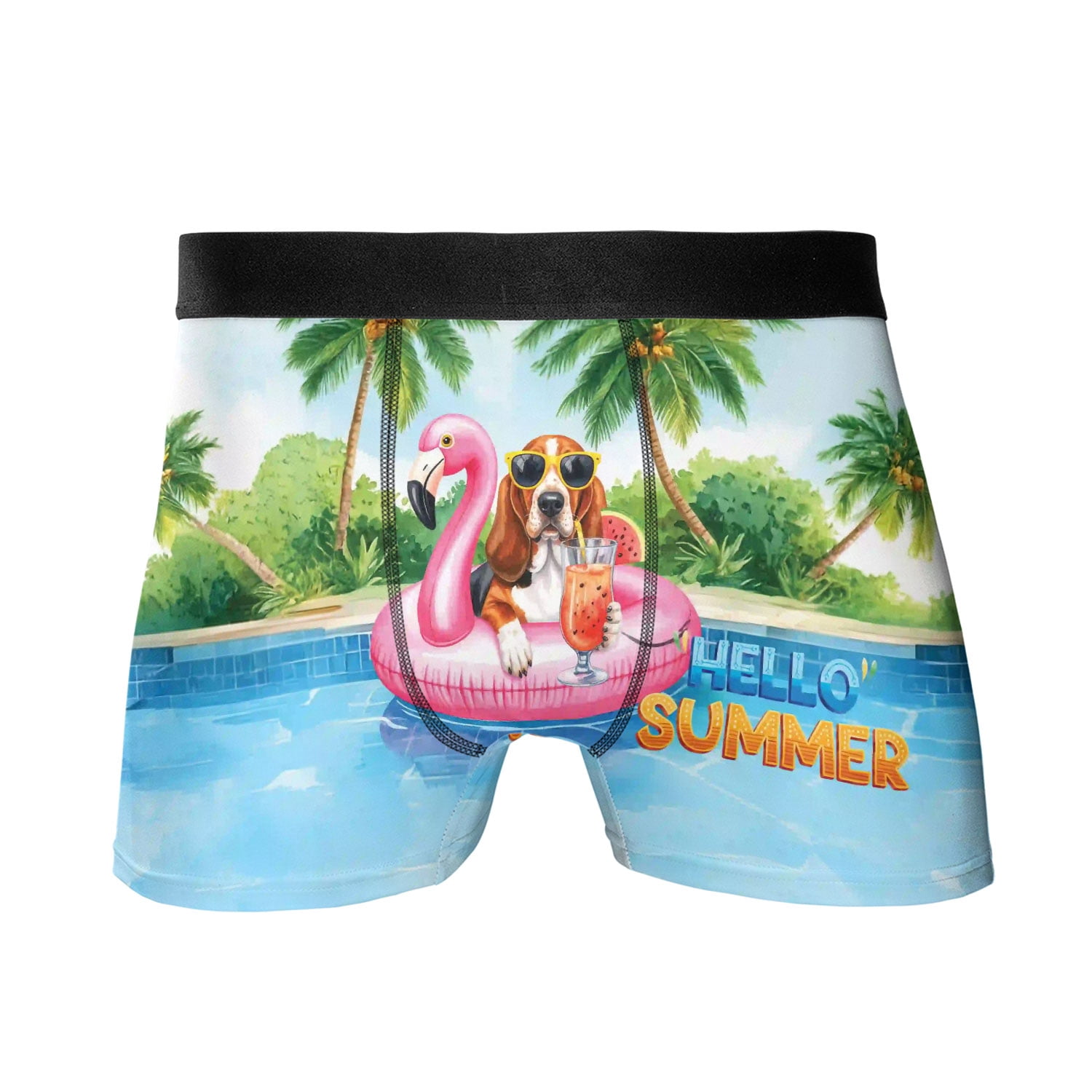 Hello Summer Basset Hound at Swimming Pool Flamingo Swim Ring All Over ...