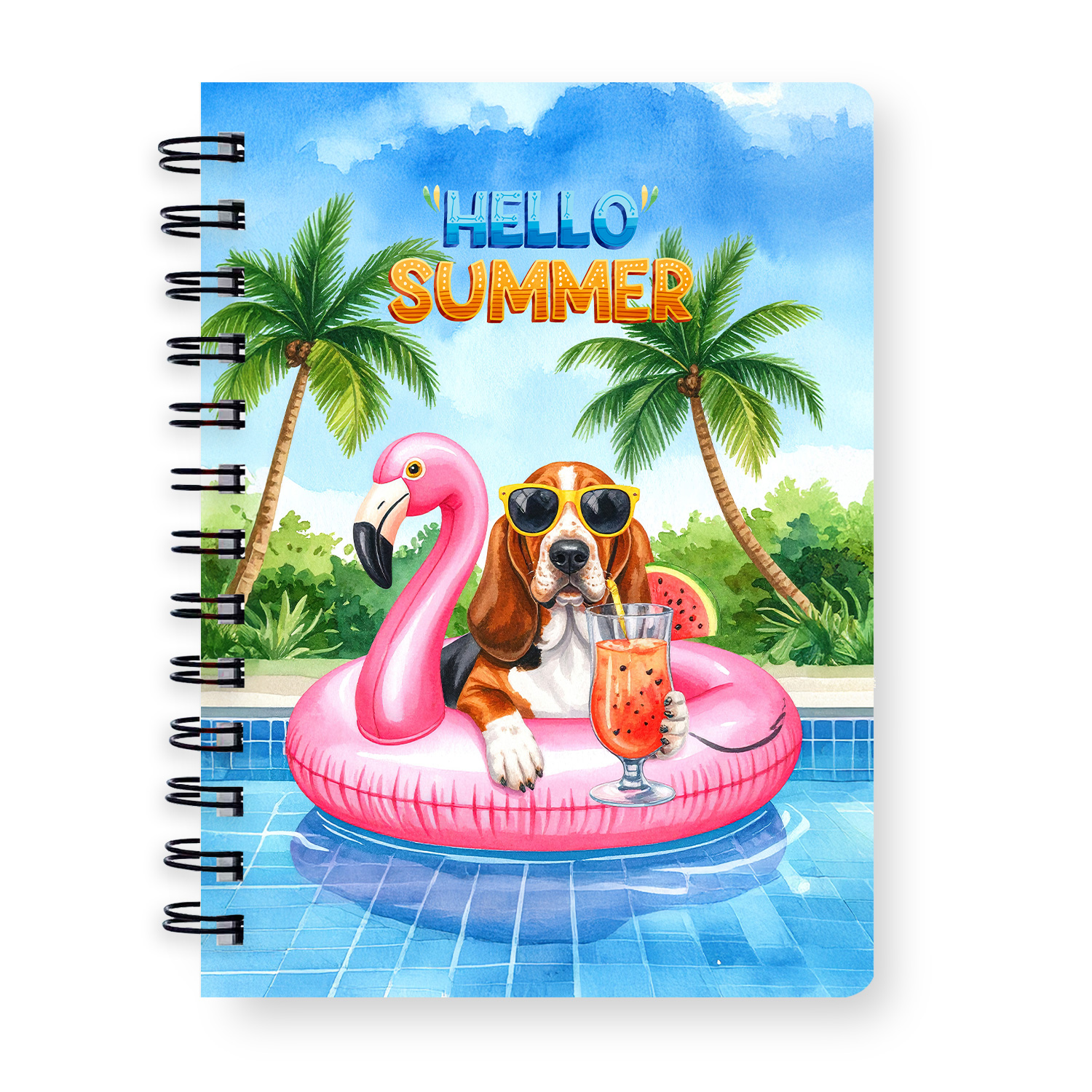 Hello Summer Basset Hound at Swimming Pool Flamingo Swim Ring Spiral ...