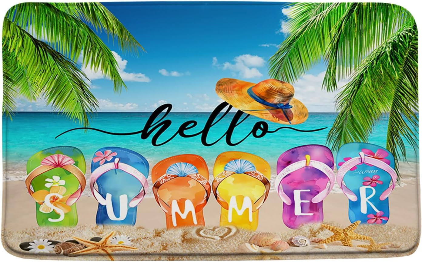 Hello Summer Bath Mat Ocean Beach Colorful Flip Flops Starfish Palm ...