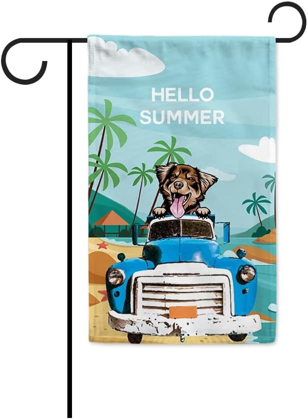 Hello Summer Beach House Flag Airedale Dog in Vintage Blue Truck Large ...