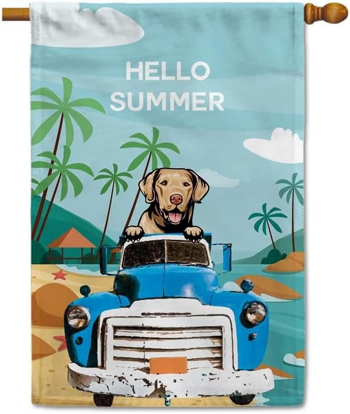 Hello Summer Beach House Flag Airedale Dog in Vintage Blue Truck Large ...