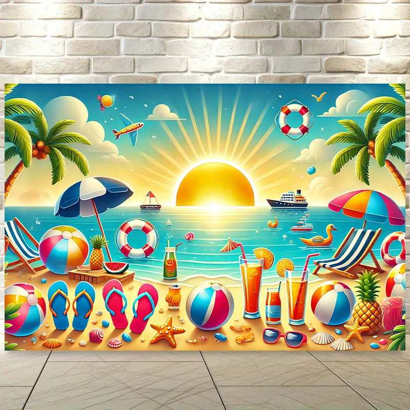 Hello Summer Beach Scene Backdrop Tropical Sunset Pool Party ...