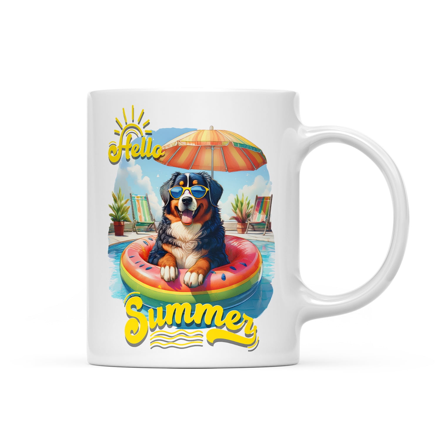 Hello Summer Bernese Mountain Dog Pool Day on Watermelon Float Mug ...