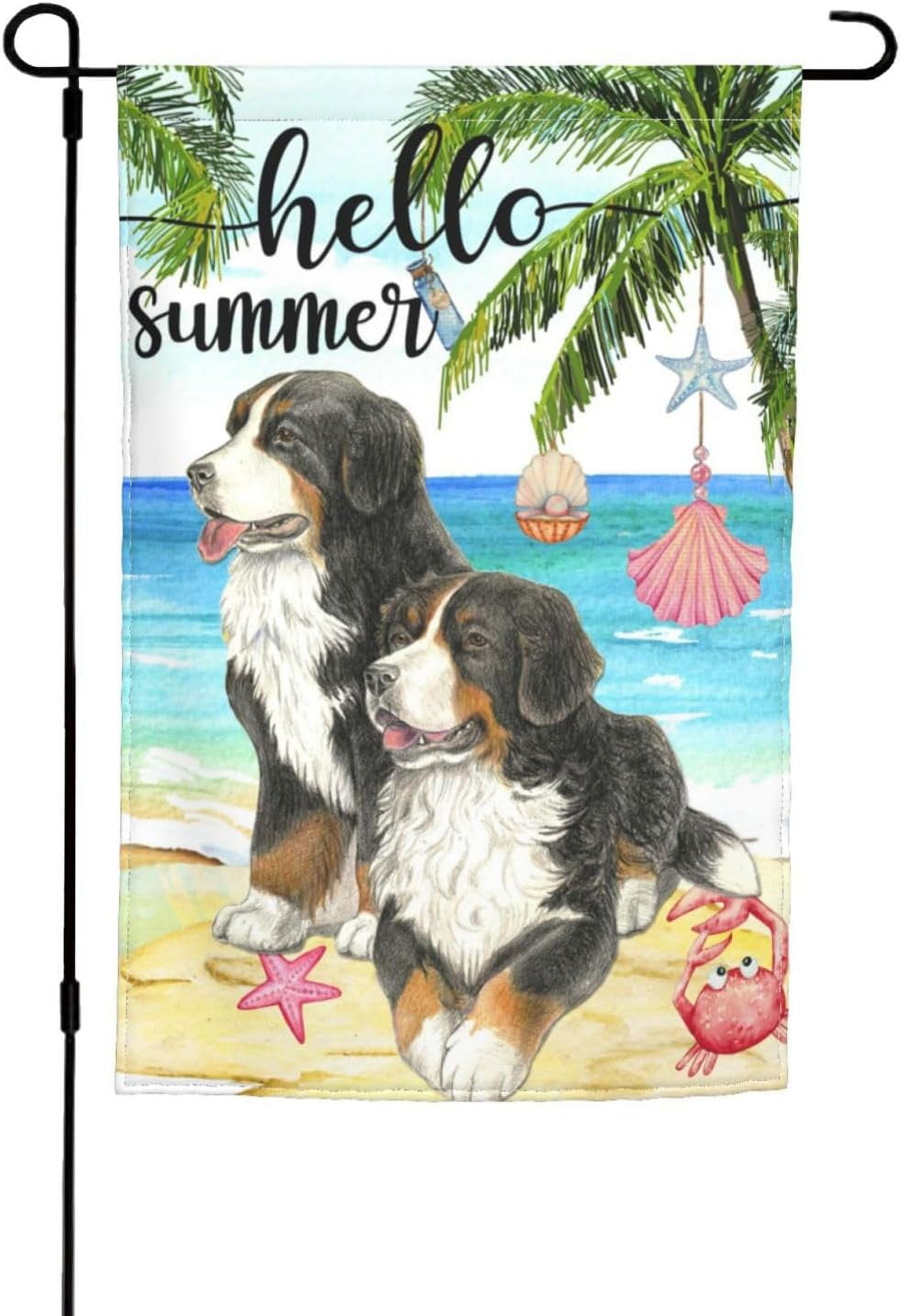 Hello Summer Bernese Mountain Dog Tropical Beach Garden Flag Double Sided Vertical Decoration ...