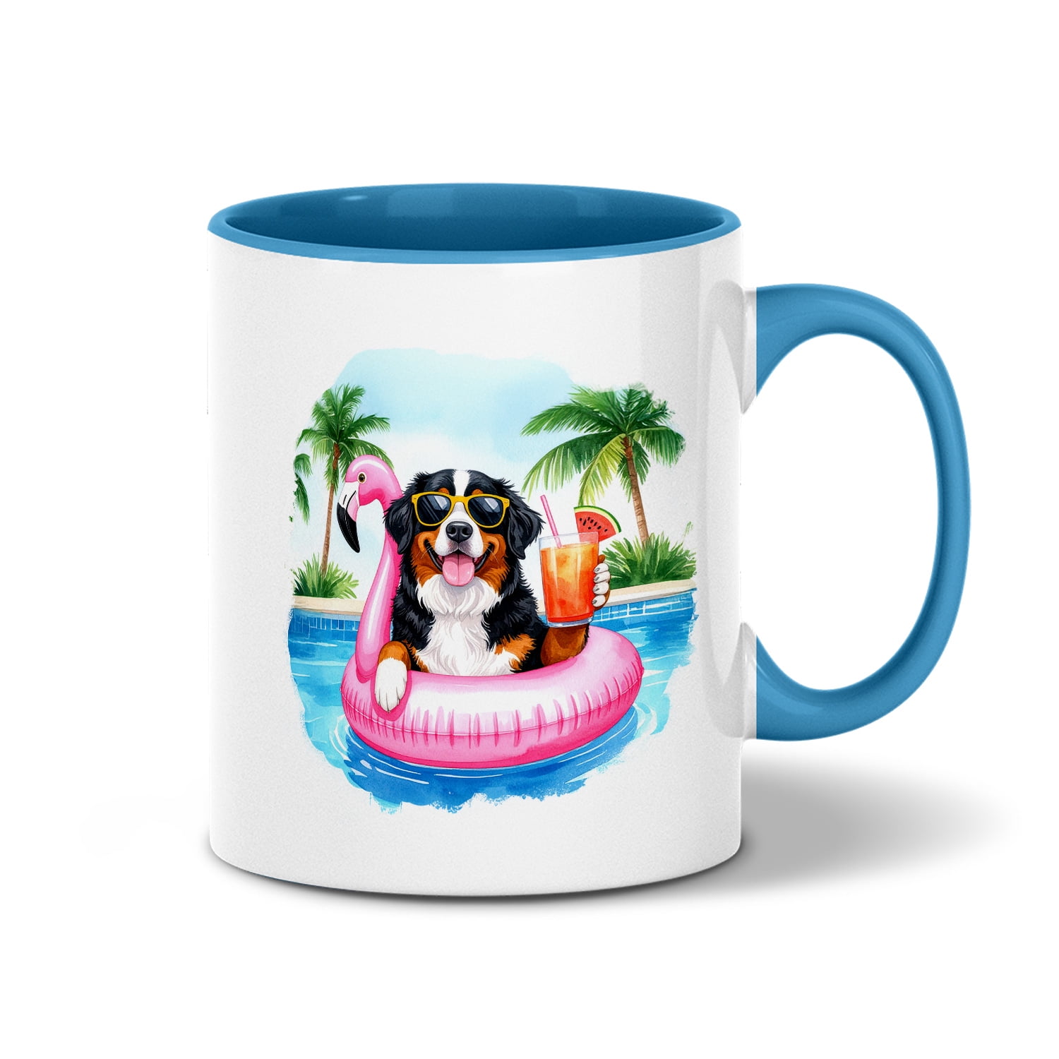 Hello Summer Bernese Mountain Dog at Swimming Pool Flamingo Swim Ring ...