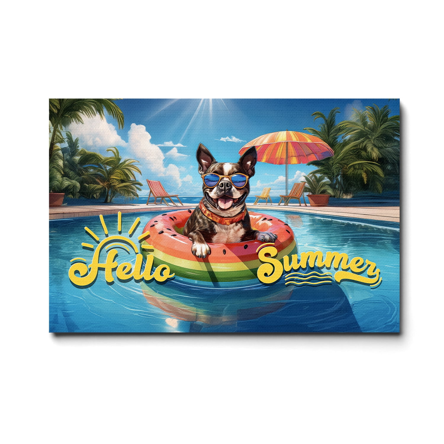 Hello Summer Boston Terrier Pool Day on Watermelon Float Horizontal ...
