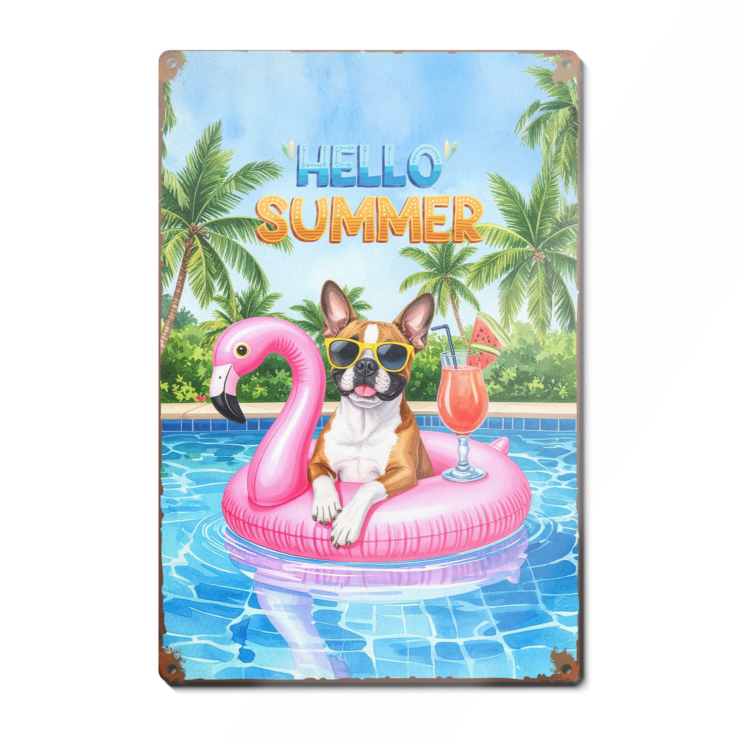 Hello Summer Boston Terrier at Swimming Pool Flamingo Swim Ring ...