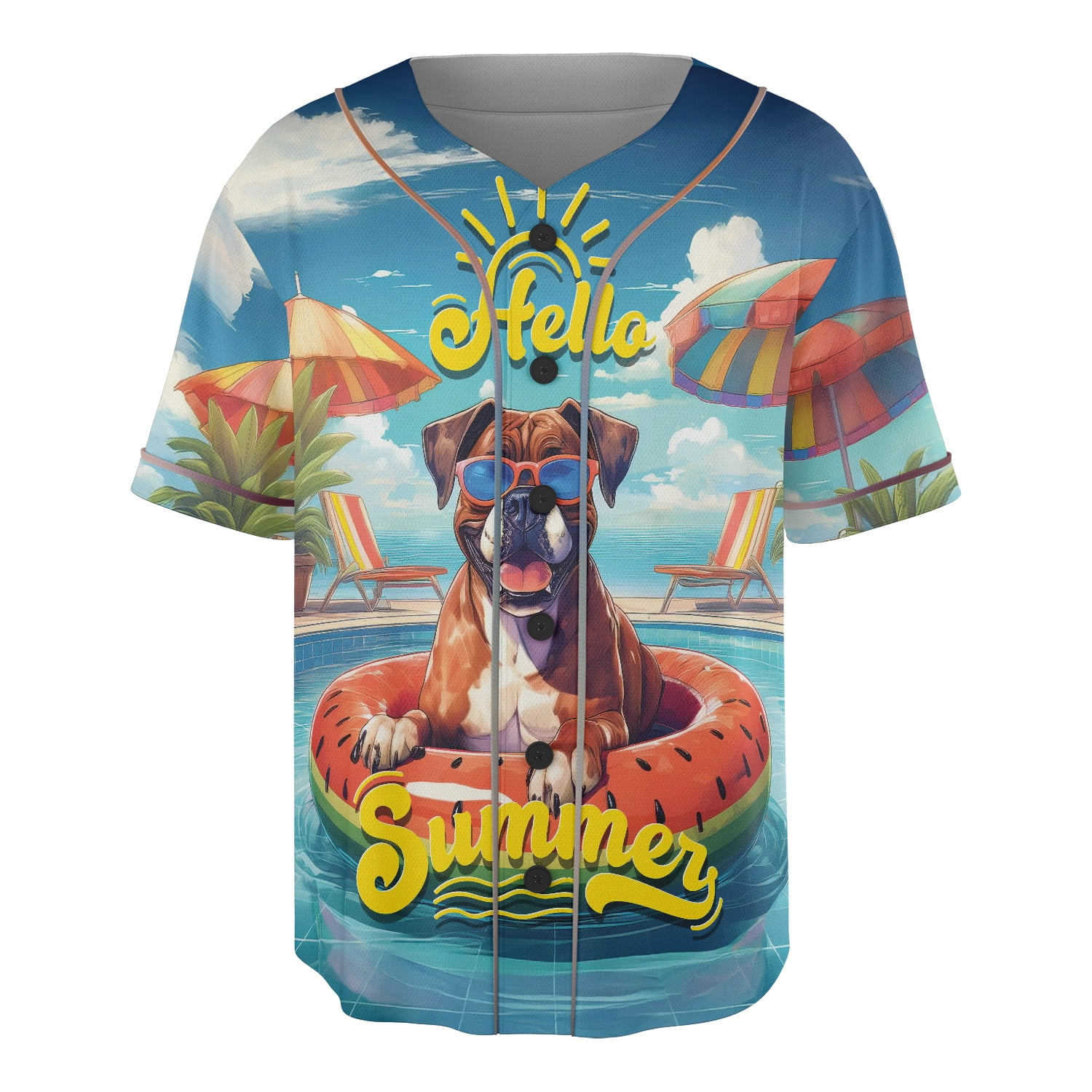 Hello Summer Boxer Pool Day on Watermelon Float All Over Print 3D Baseball Shirt Boxers Dog ...
