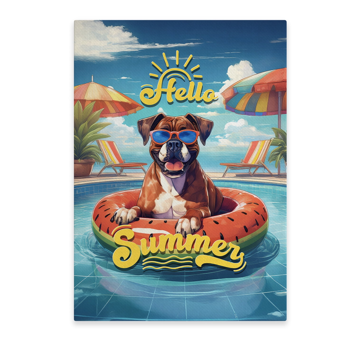 Hello Summer Boxer Pool Day on Watermelon Float Vertical Matte Canvas ...