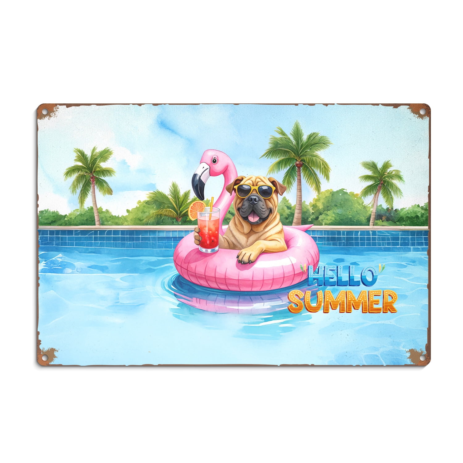 Hello Summer Chinese Shar-Pei at Swimming Pool Flamingo Swim Ring ...