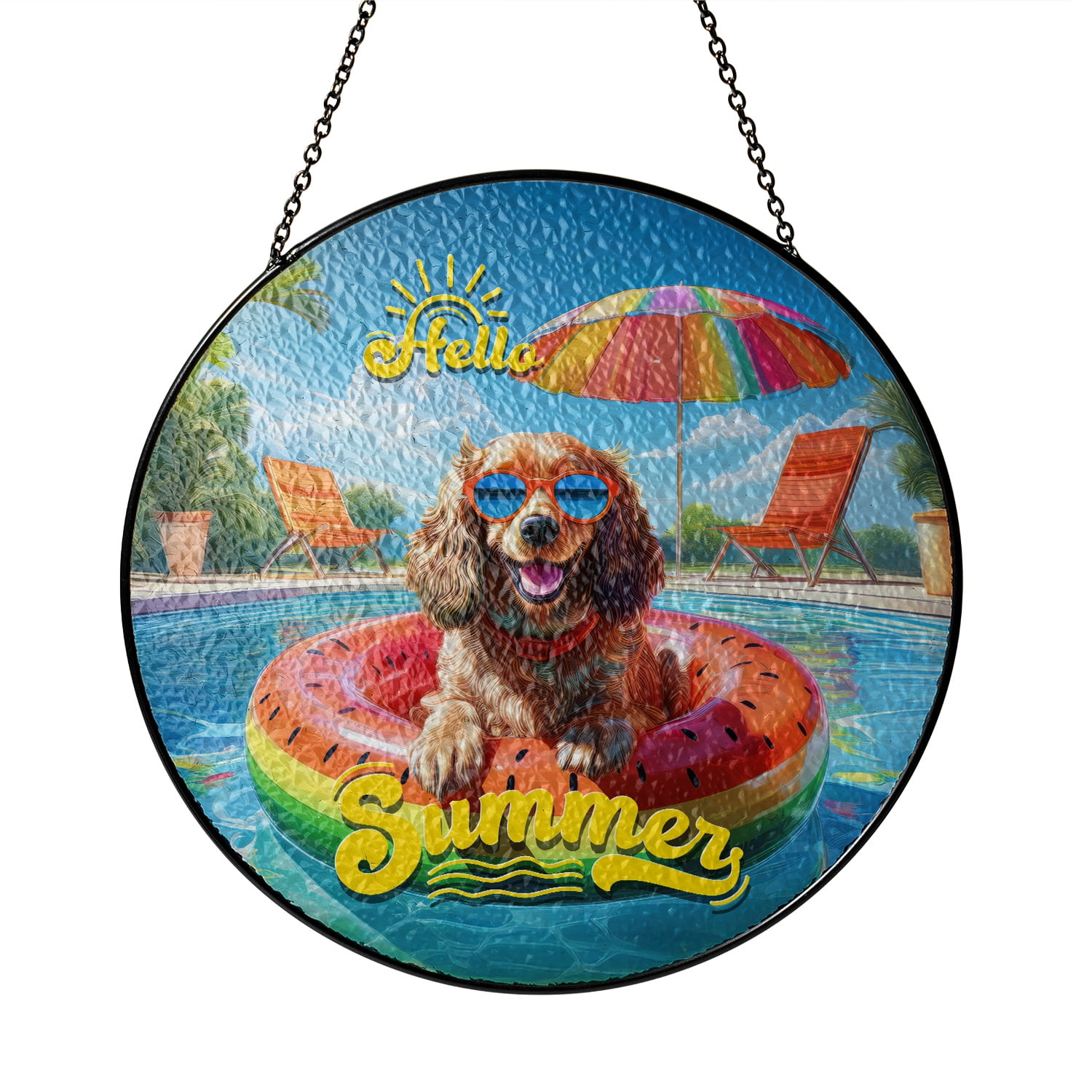 Hello Summer Cocker Spaniel Pool Day on Watermelon Float Stained Glass ...