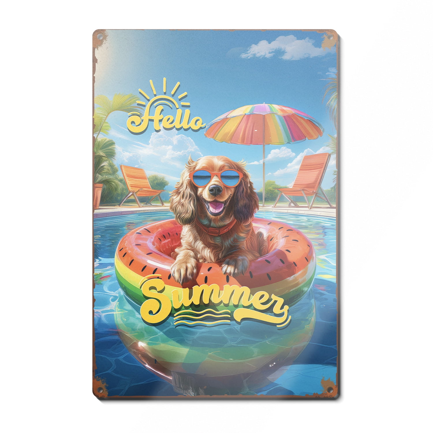 Hello Summer Cocker Spaniel Pool Day on Watermelon Float Vertical Metal ...