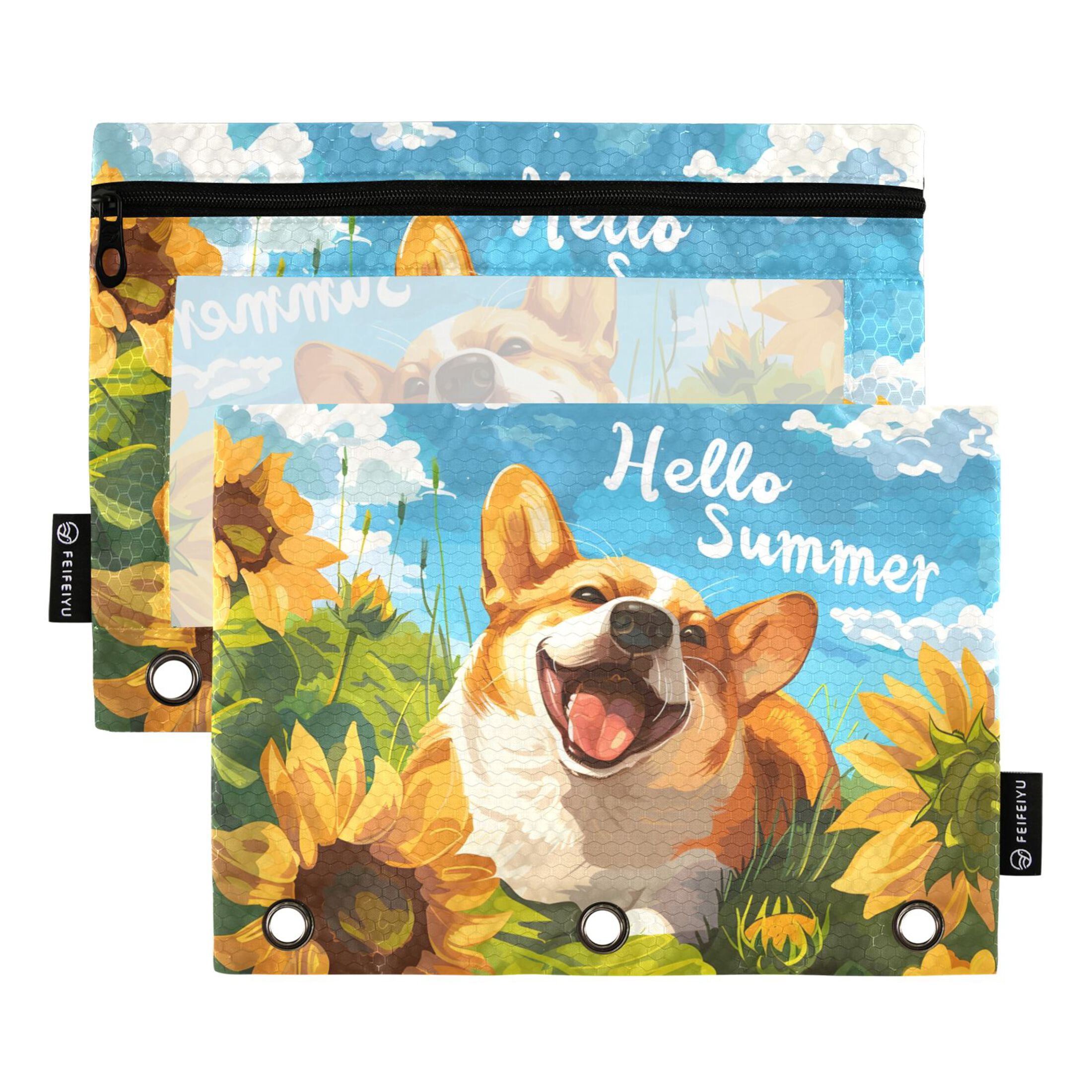 Hello Summer Corgi Dog Sunflower 2 Pack Pencil Pouch for 3 Ring Binder ...