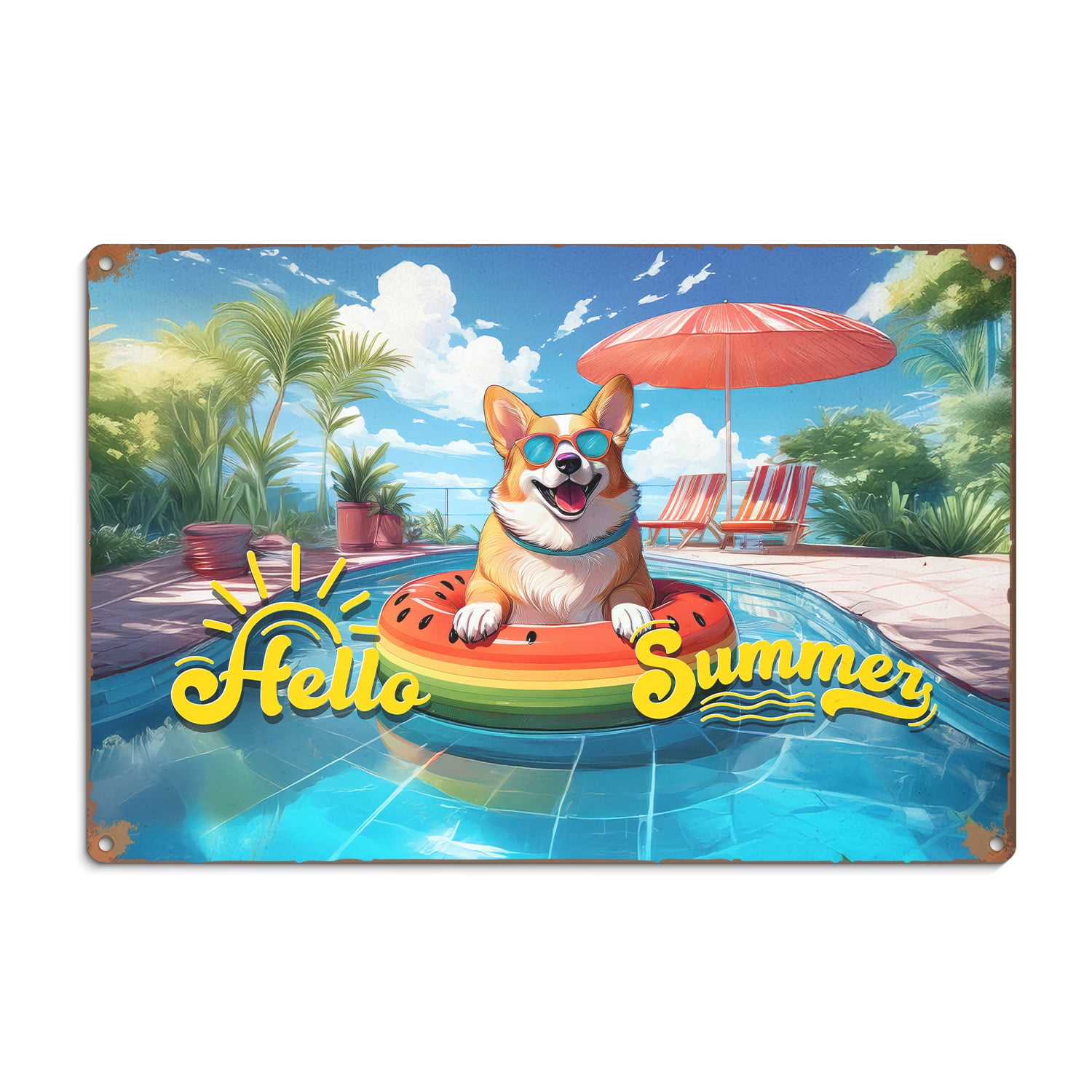 Hello Summer Corgi Pool Day on Watermelon Float Horizontal Metal ...